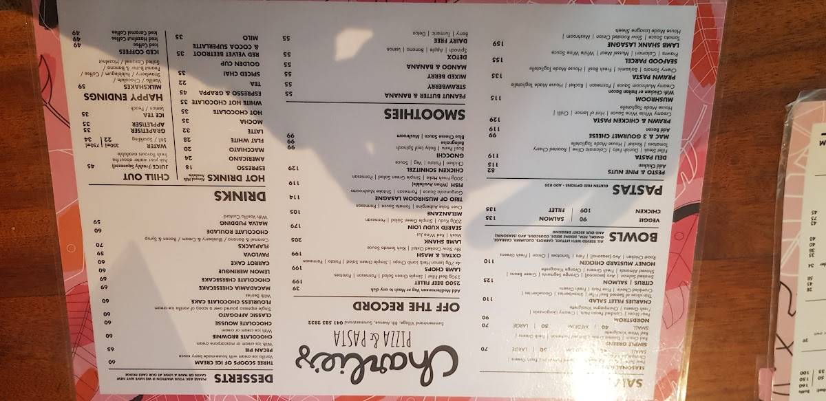 Menu at Charlie's Pizza & Pasta restaurant, Port Elizabeth ...