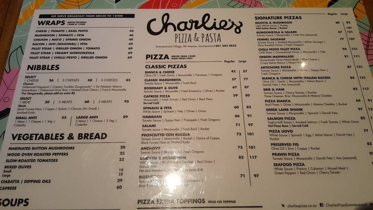 Menu at Charlie's Pizza & Pasta restaurant, Port Elizabeth ...