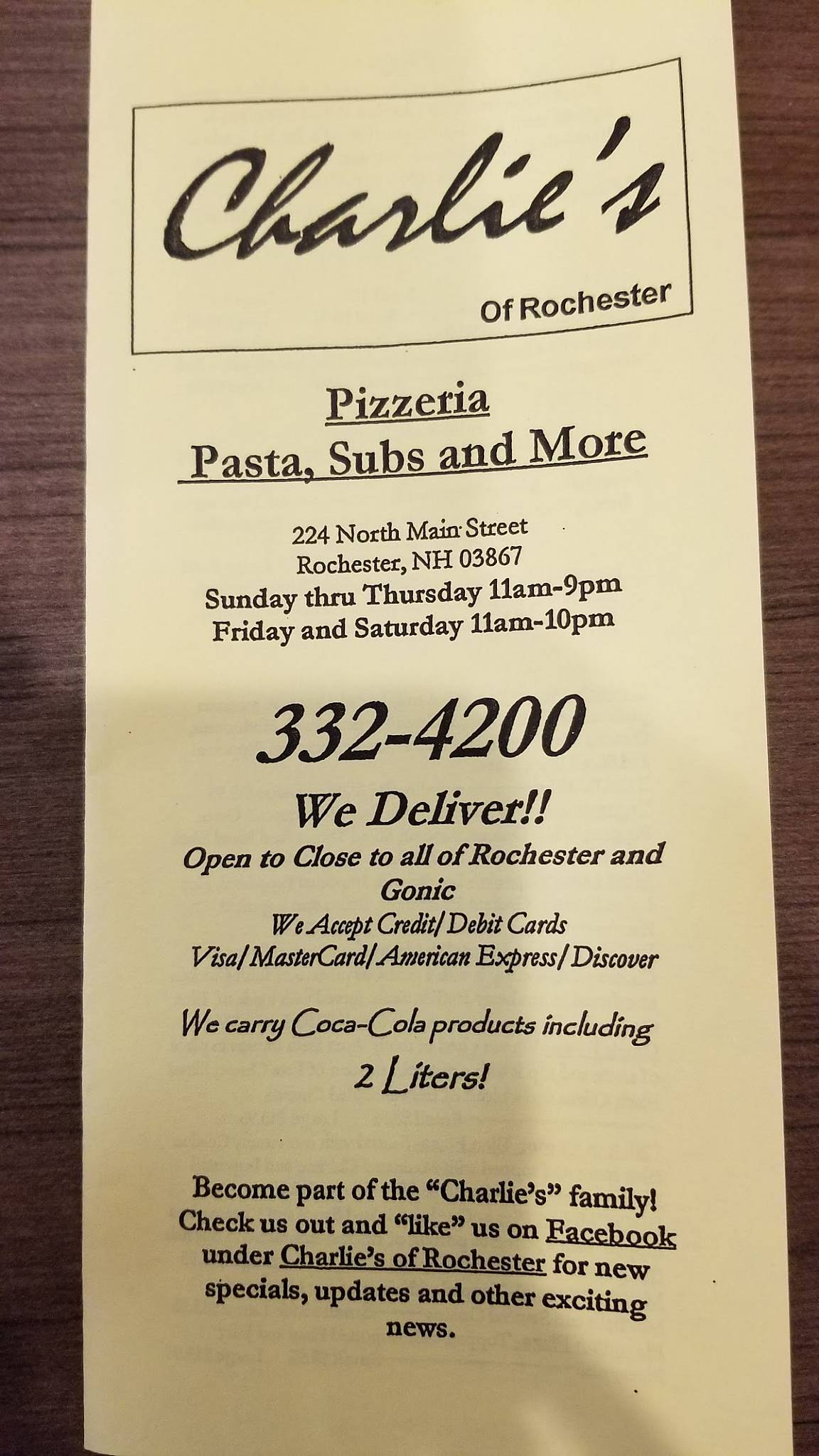 Menu at Charlie's of Rochester pizzeria, Rochester