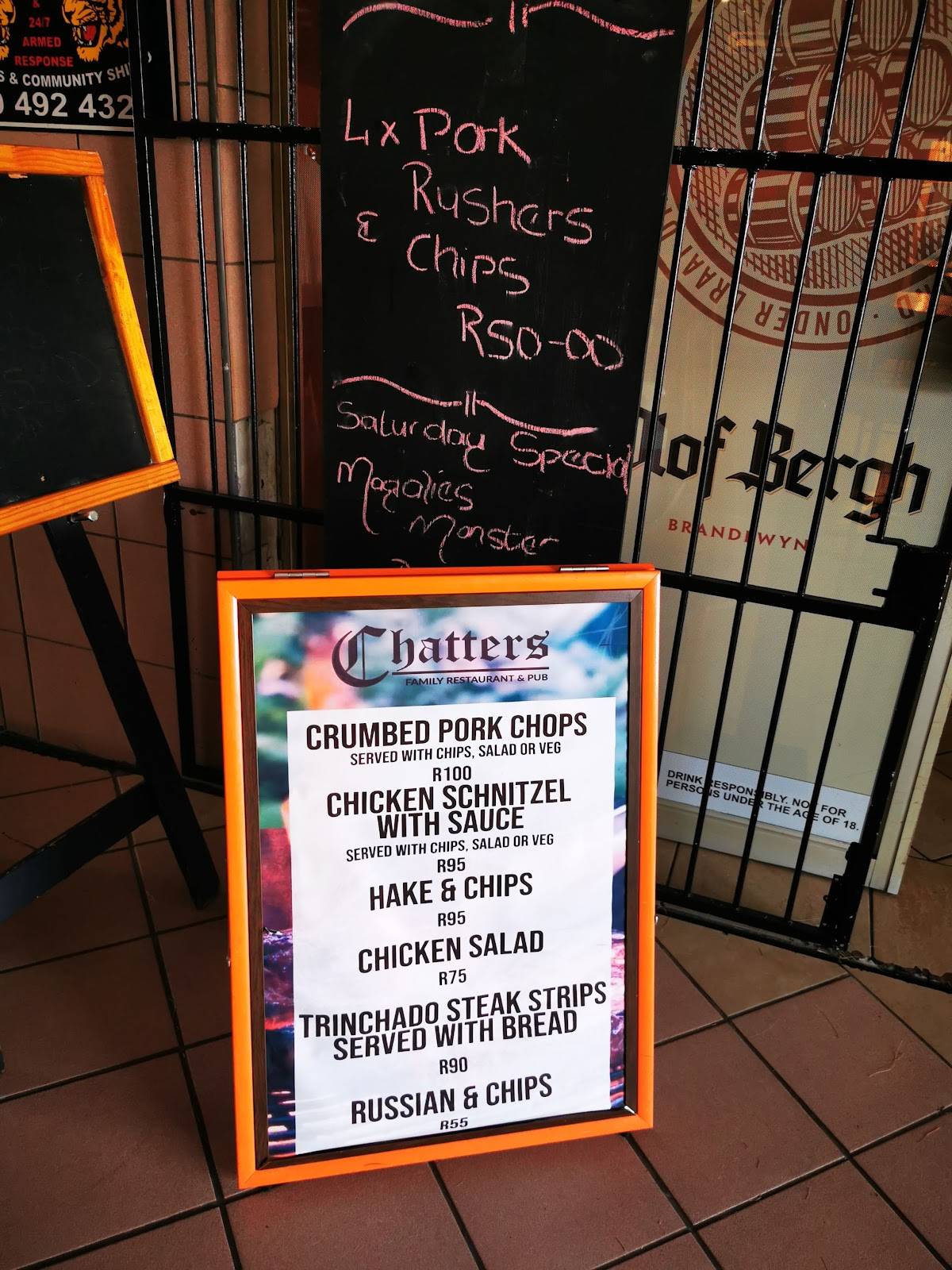 Menu at Chatters Pub, Krugersdorp