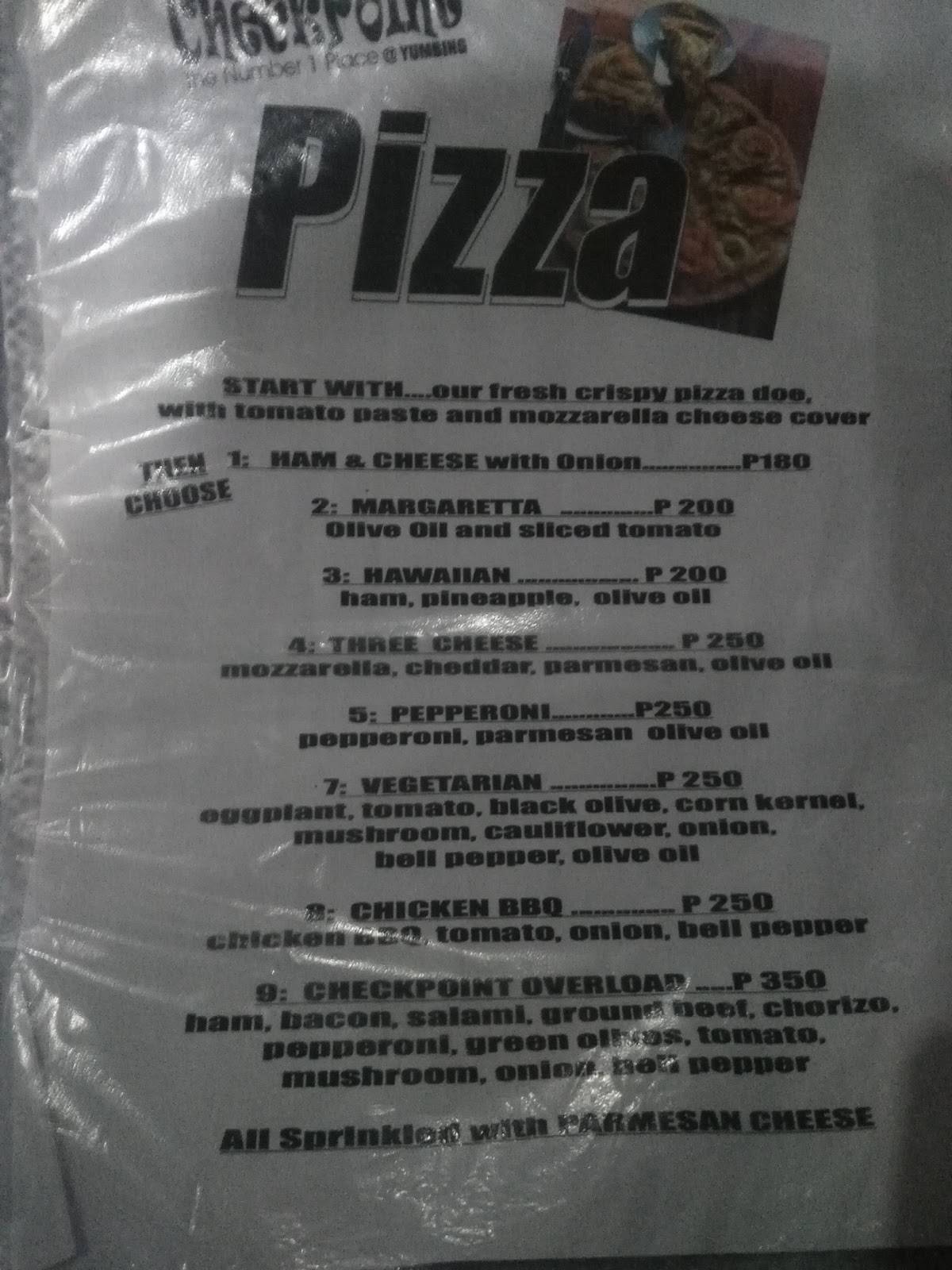 Menu at CheckPoint Camiguin restaurant, Mambajao, Yumbing