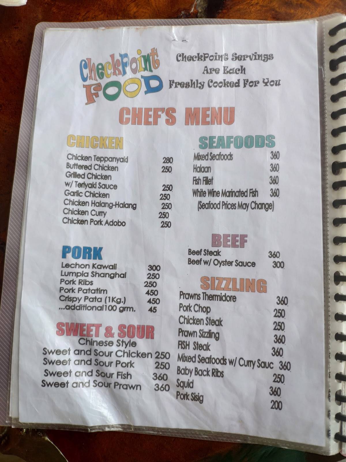 Menu at CheckPoint Camiguin restaurant, Mambajao, Yumbing