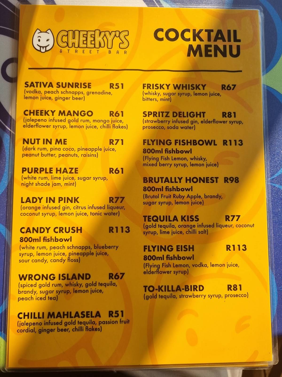 Menu at Cheeky's Street Bar, Pretoria