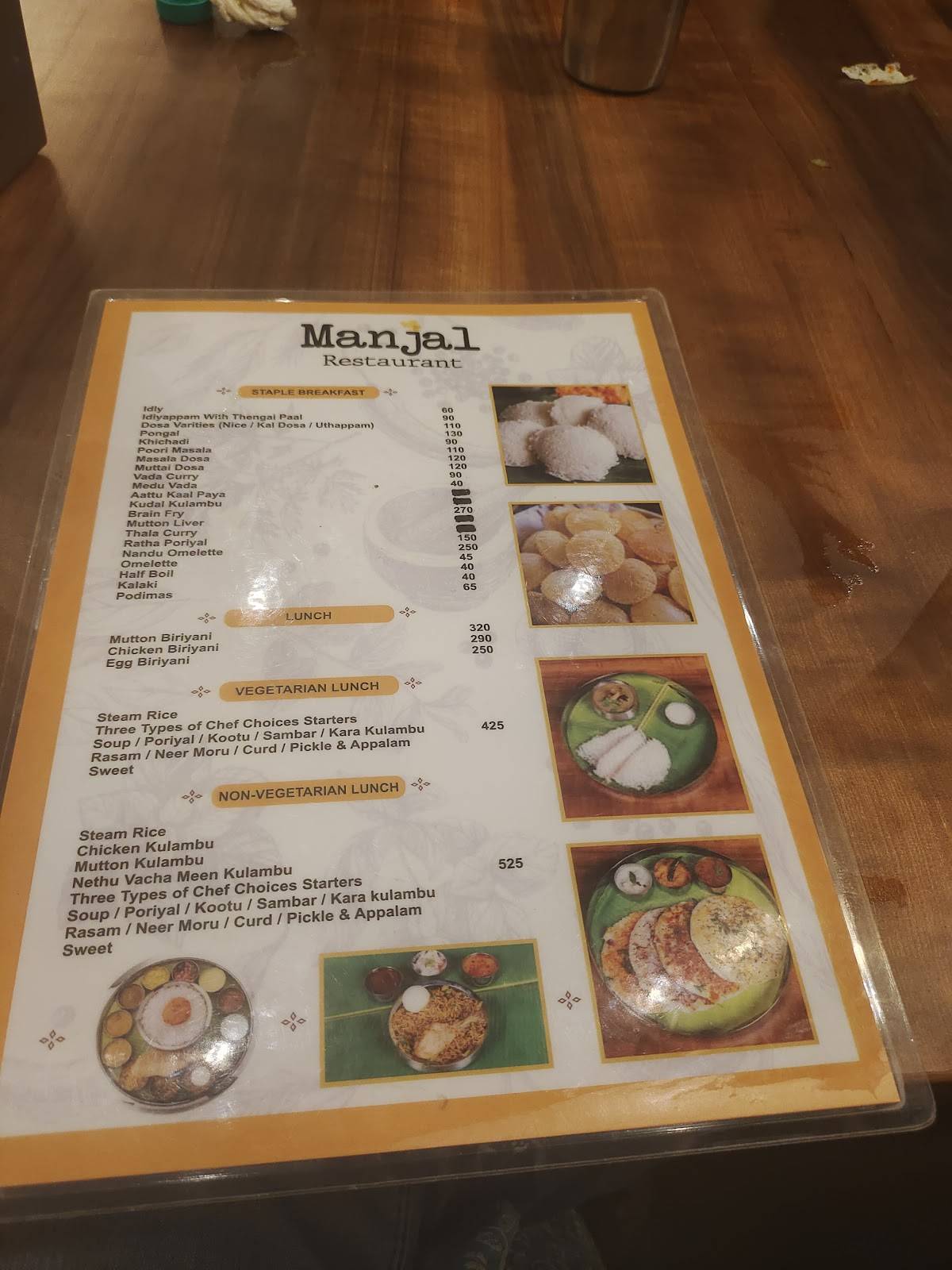 Menu at Manjal, Chennai, 6/9