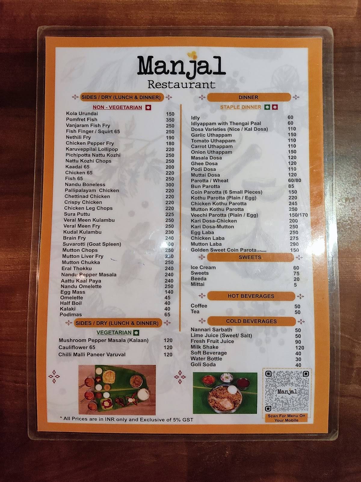 Menu at Manjal, Chennai, 6/9