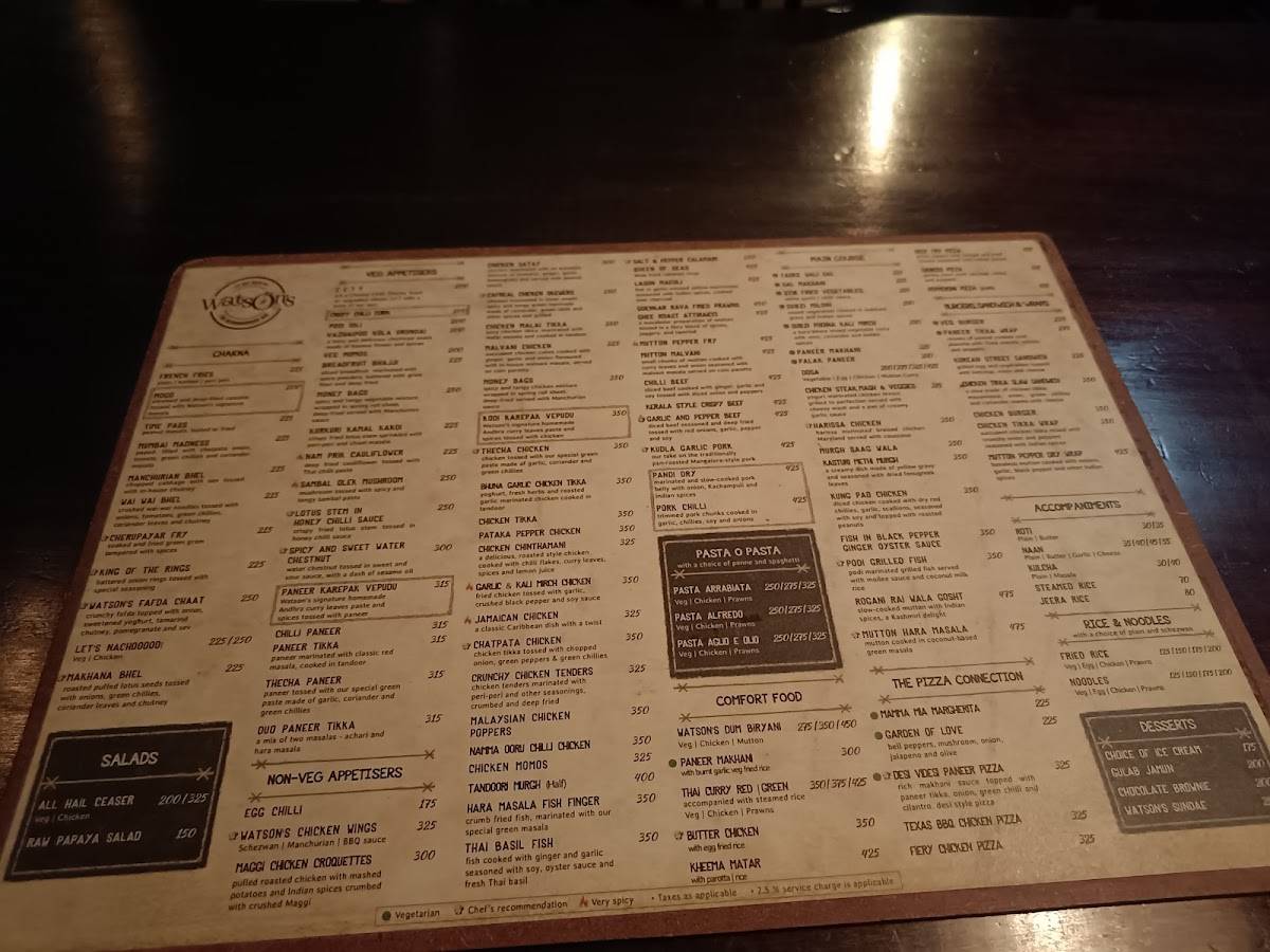 Menu at Watson's Chennai, Chennai