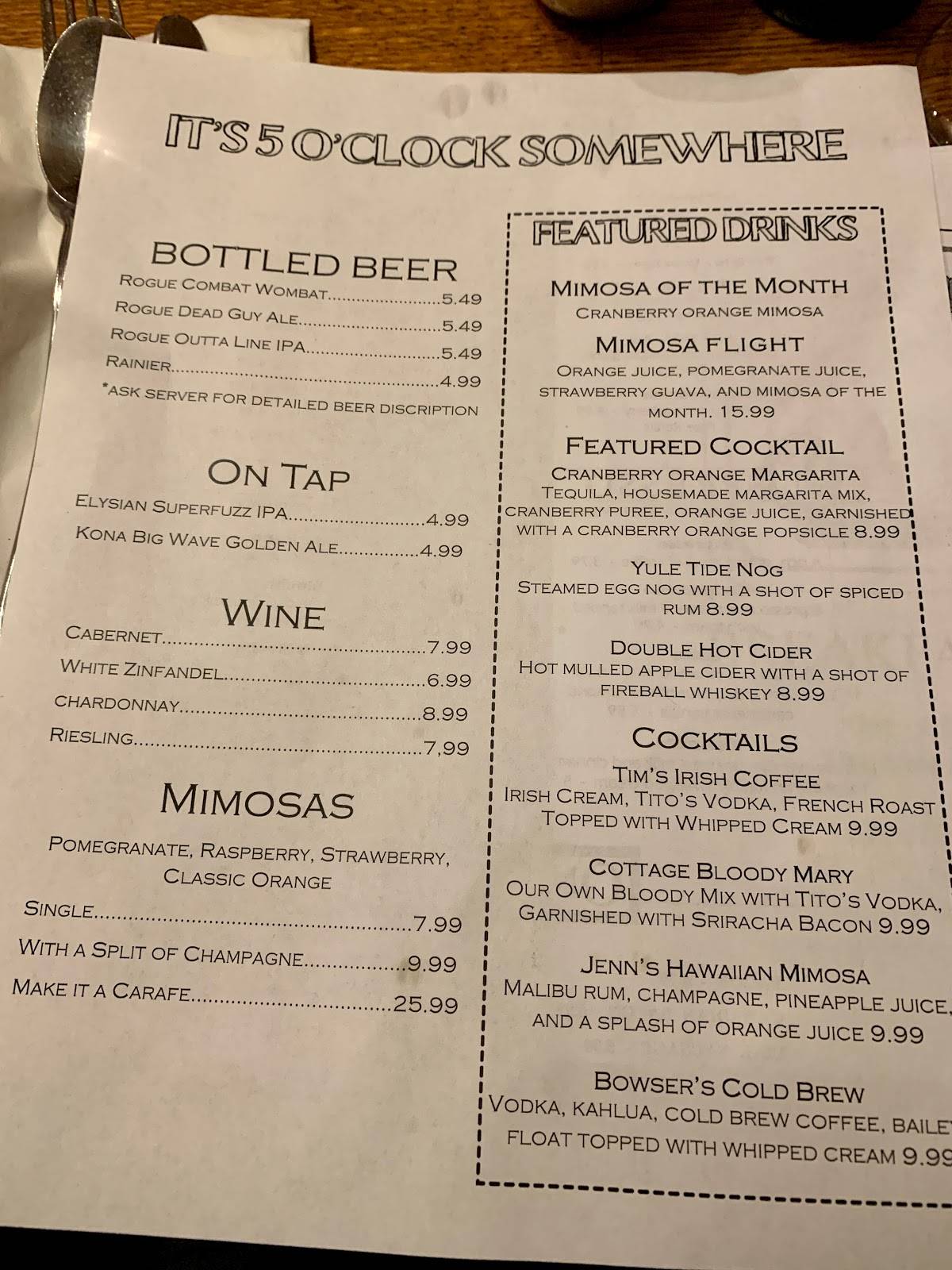 Menu at Chestnut Cottage Restaurant, Port Angeles