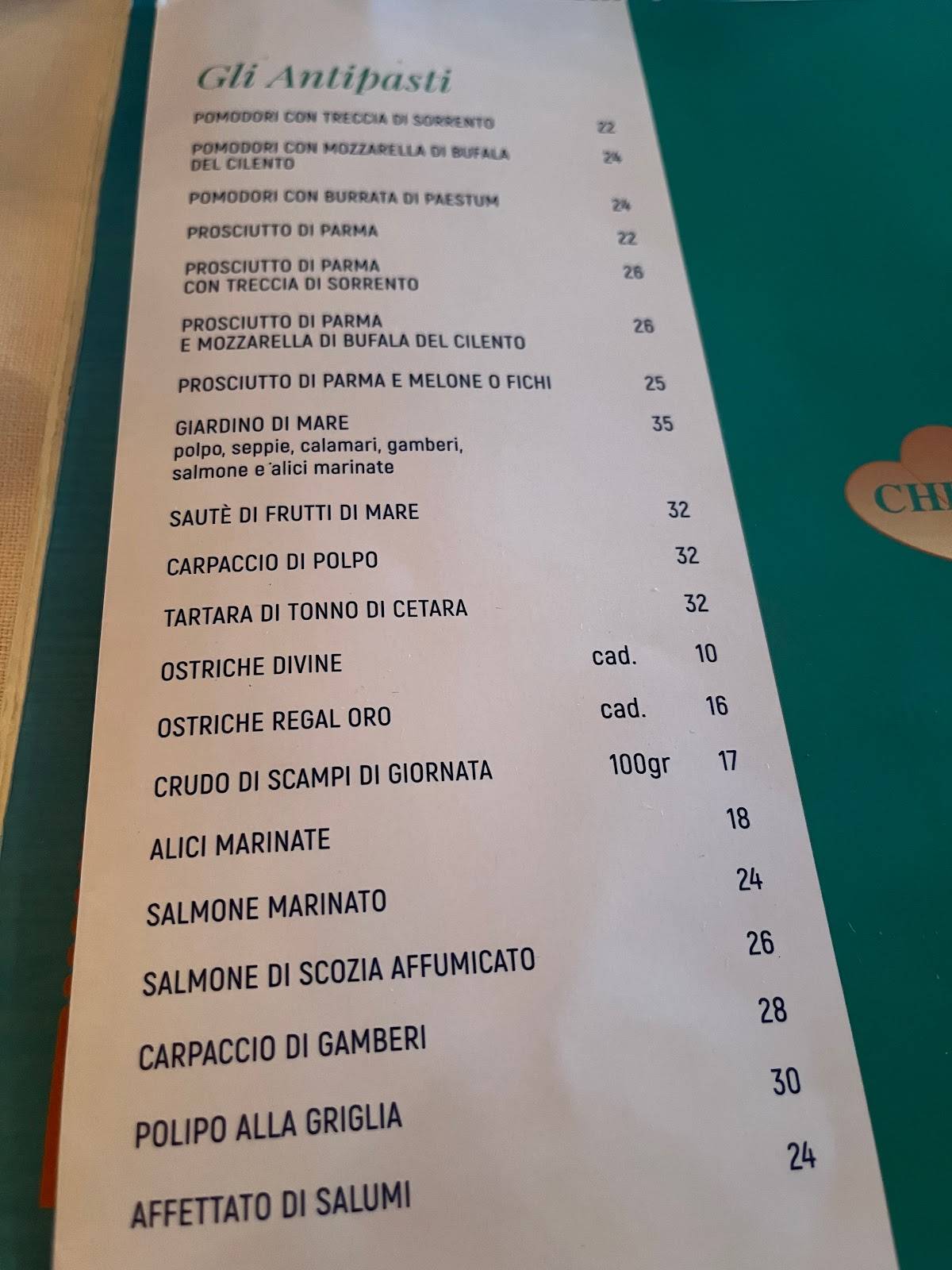 Menu at Chez Black restaurant, Positano