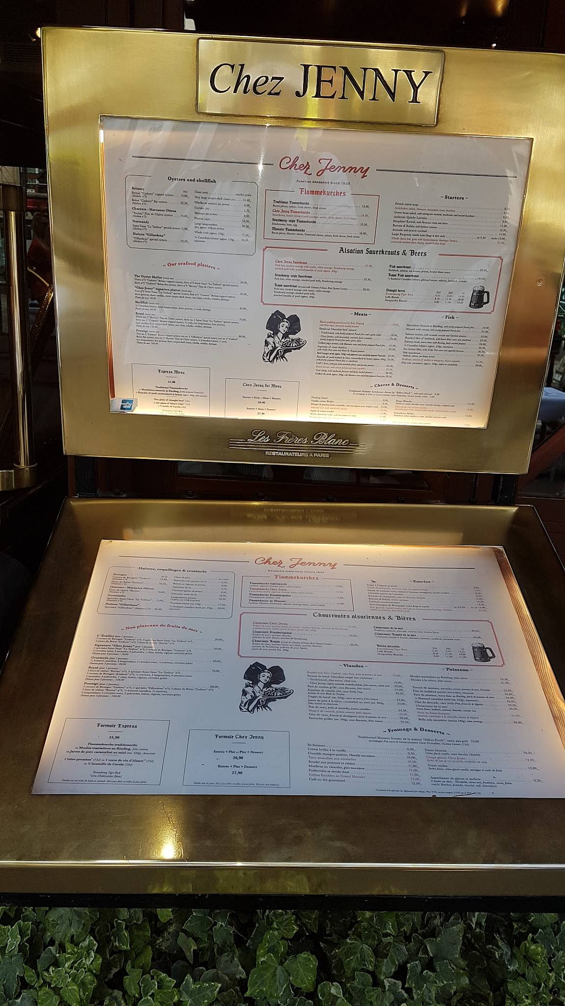Menu at Chez Jenny restaurant, Paris, 39 Bd du Temple