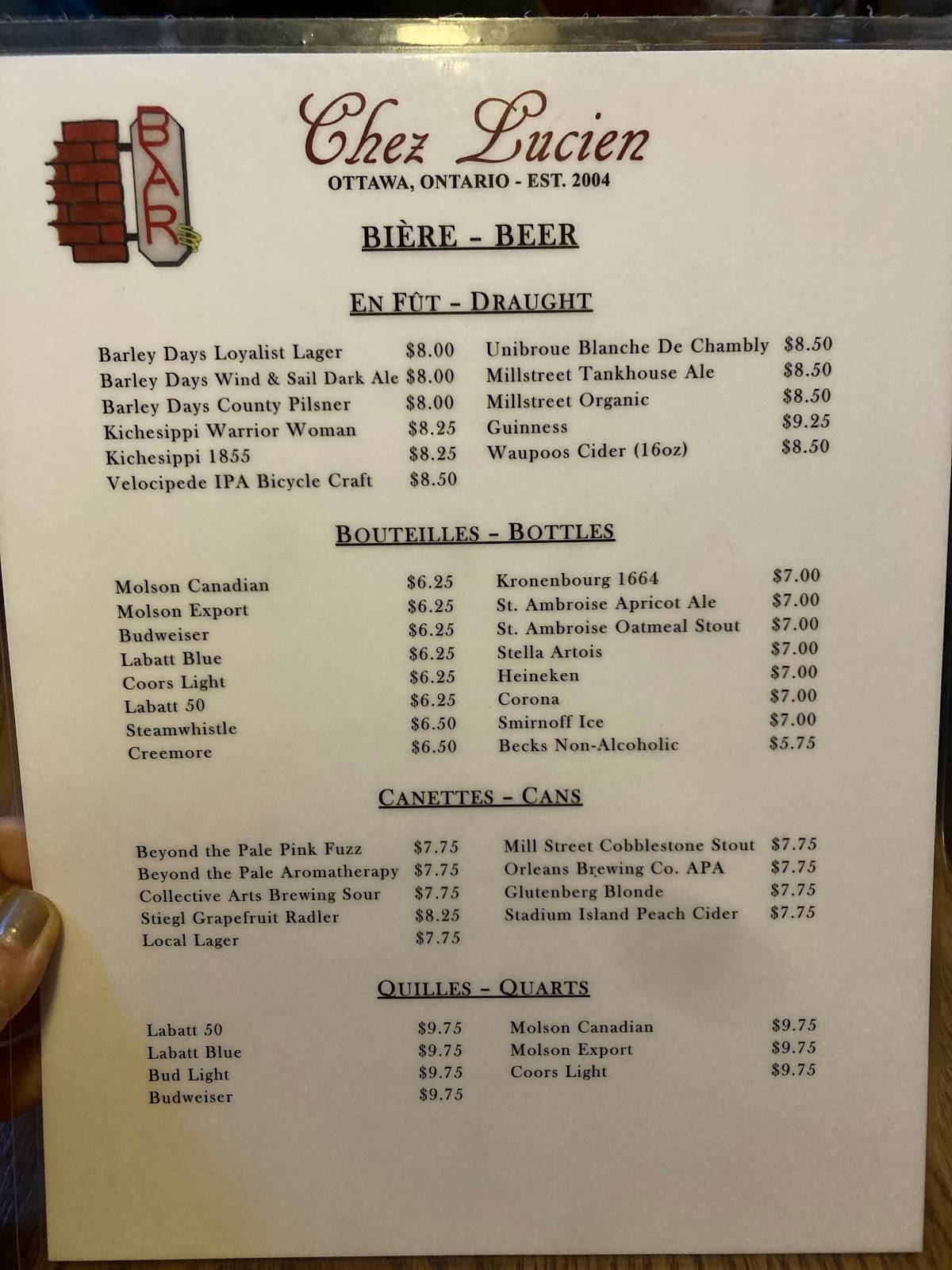 Menu at Chez Lucien pub & bar, Ottawa