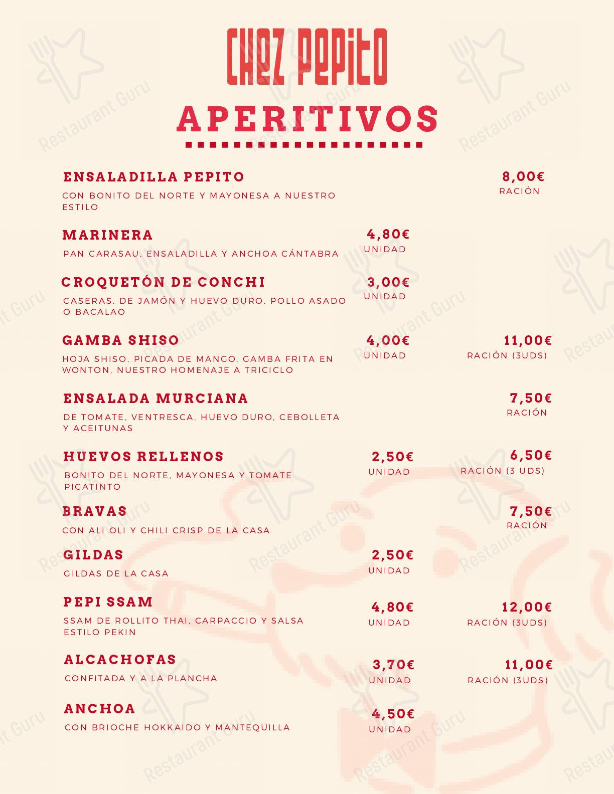 Carta del restaurante Chez Pepito, Madrid