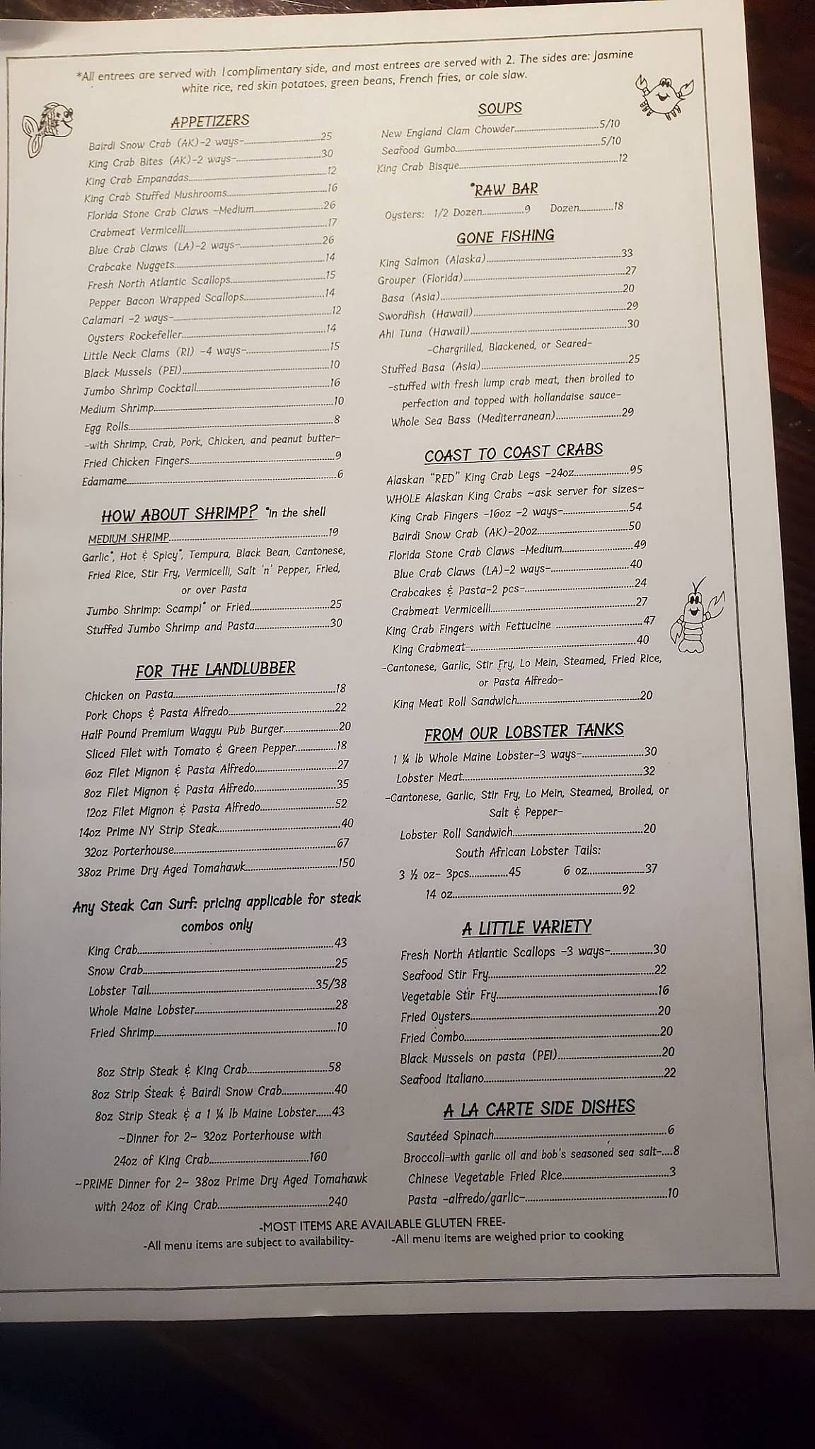 Menu at Bob Chinn's Crab House steakhouse, Wheeling