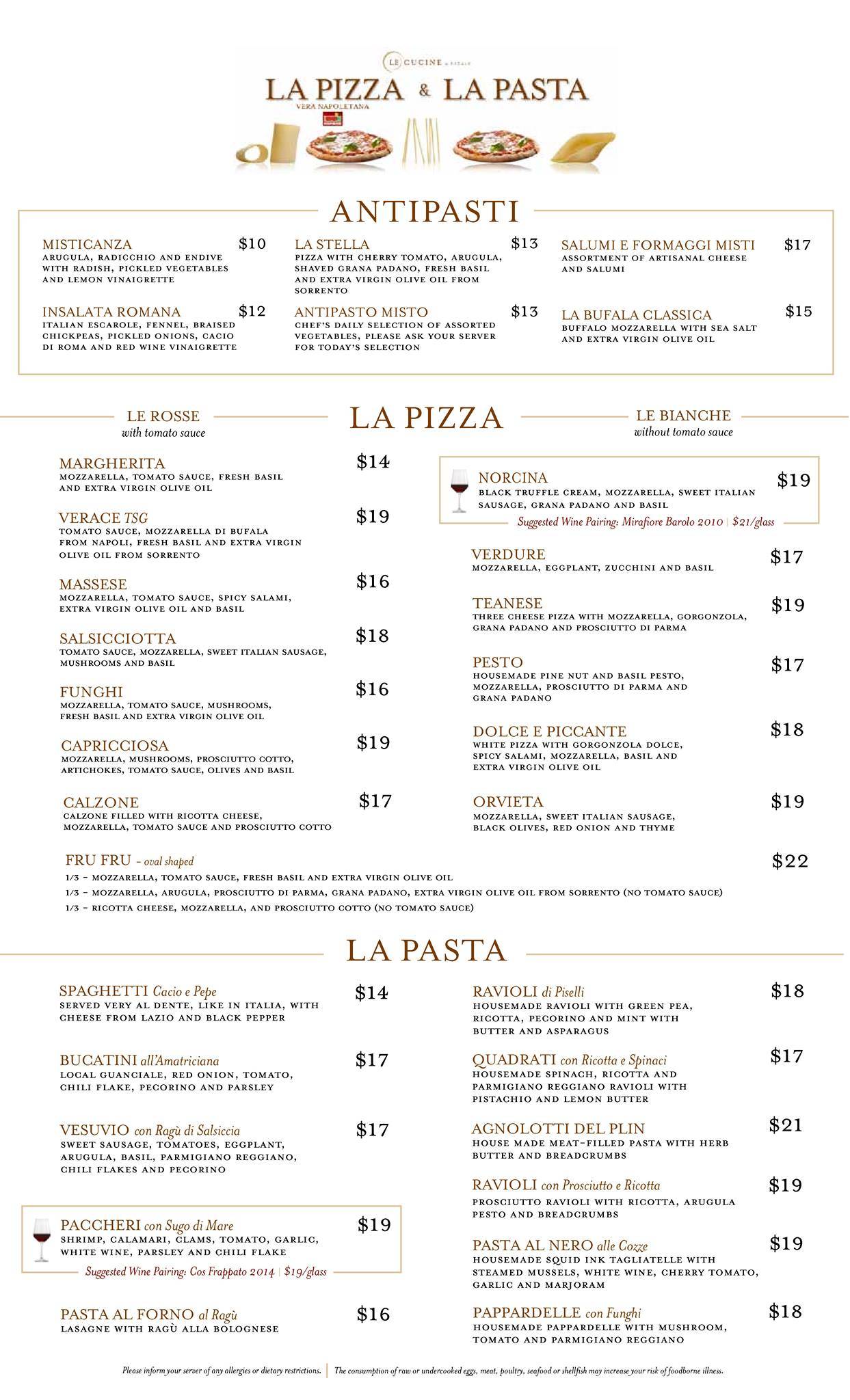 Menu at Eataly pizzeria, Chicago
