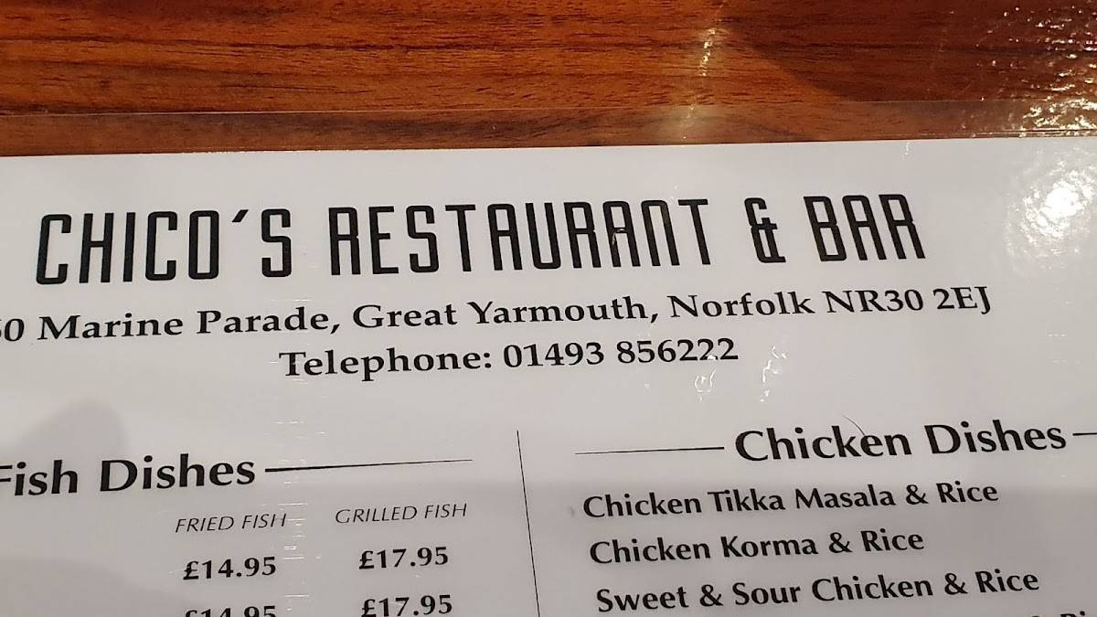 Menu at Chico's Restaurant, Great Yarmouth