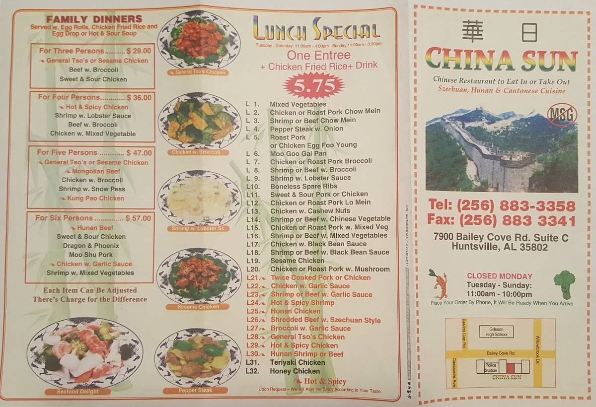 Menu at China Sun restaurant, Huntsville