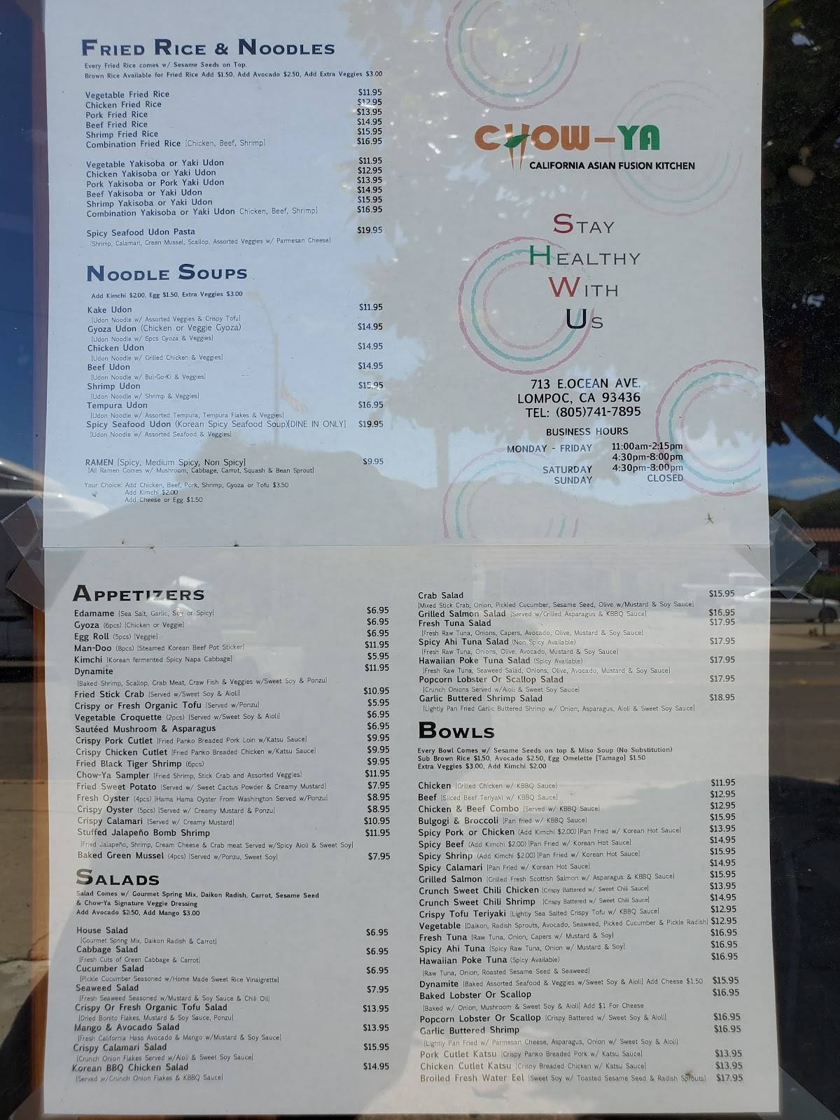 Menu at Chow-Ya restaurant, Lompoc