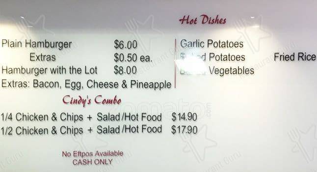Menu at Cindy's fast food, Lugarno