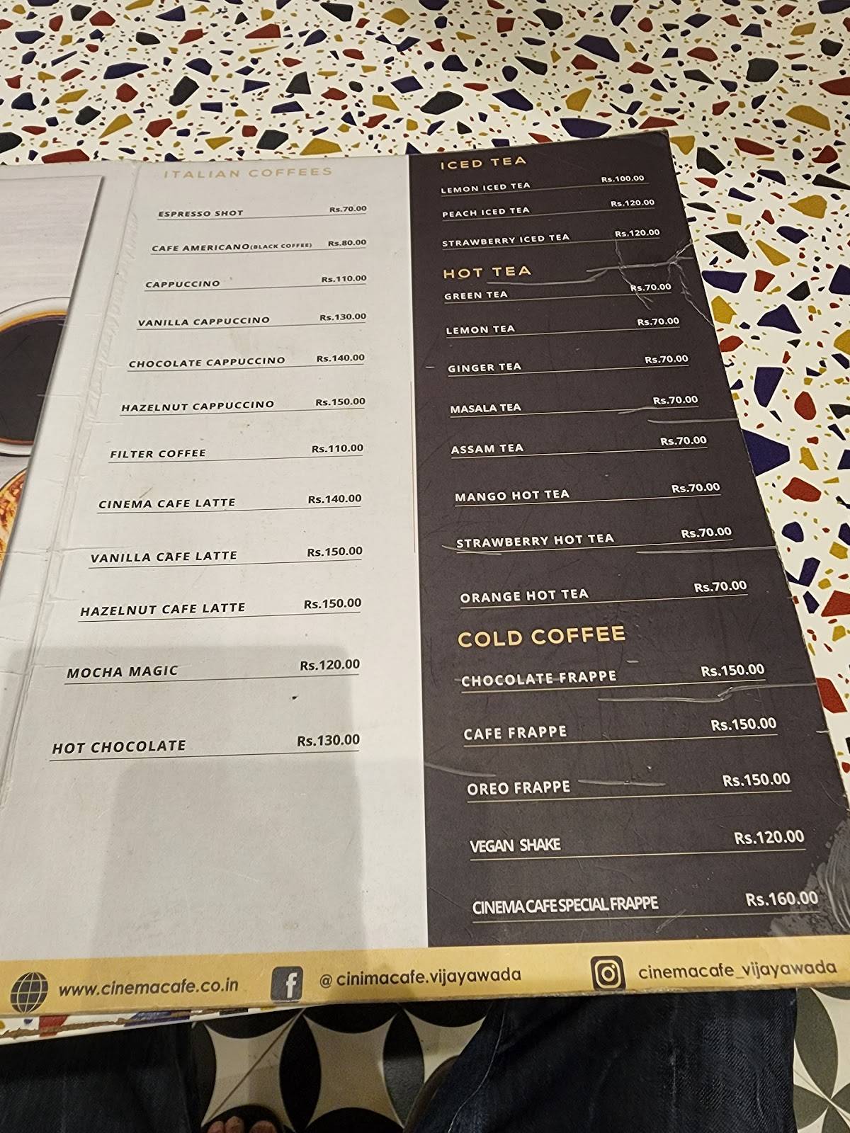 Menu at Cinema Cafe, Vijayawada
