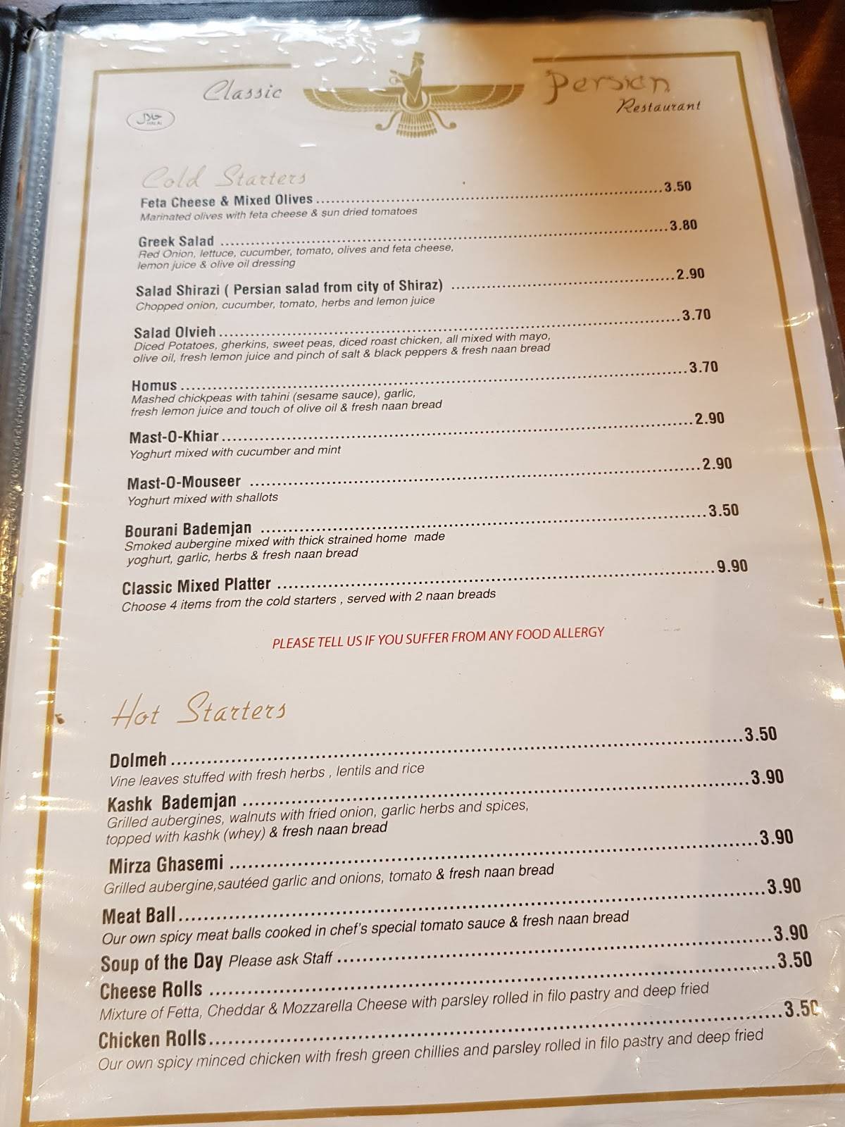 Menu at Classic Persian Restaurant, Bradford