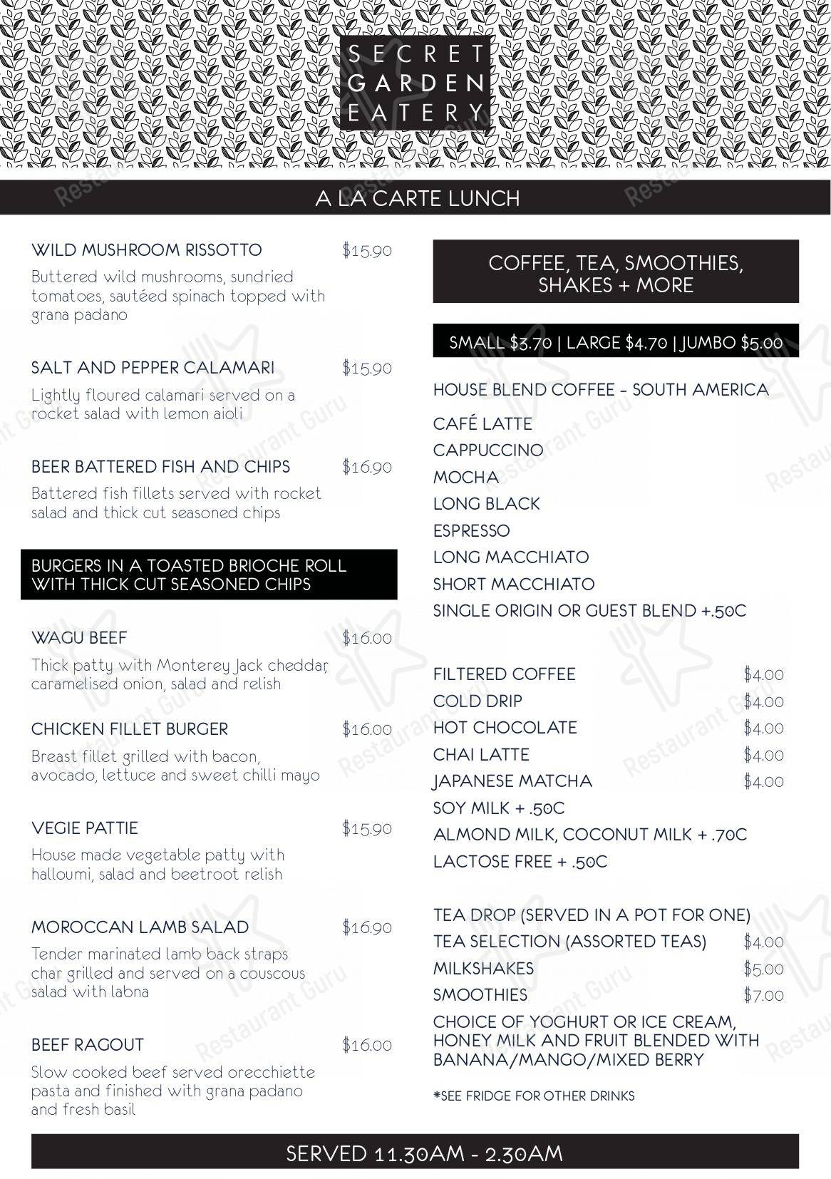 Menu at Secret Garden Eatery cafe, Clayton