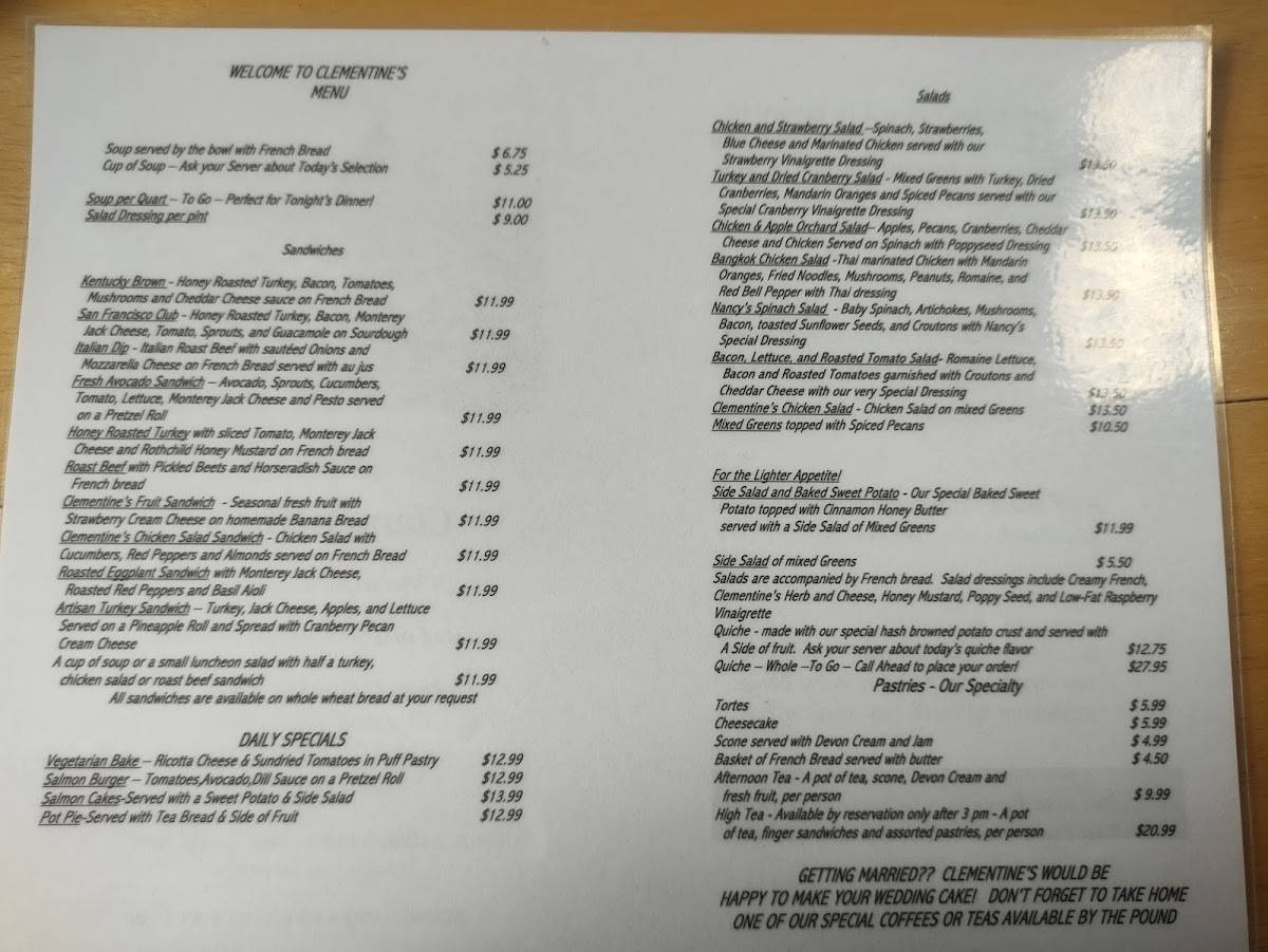 Menu at Clementine's Victorian Restaurant, Olmsted Falls