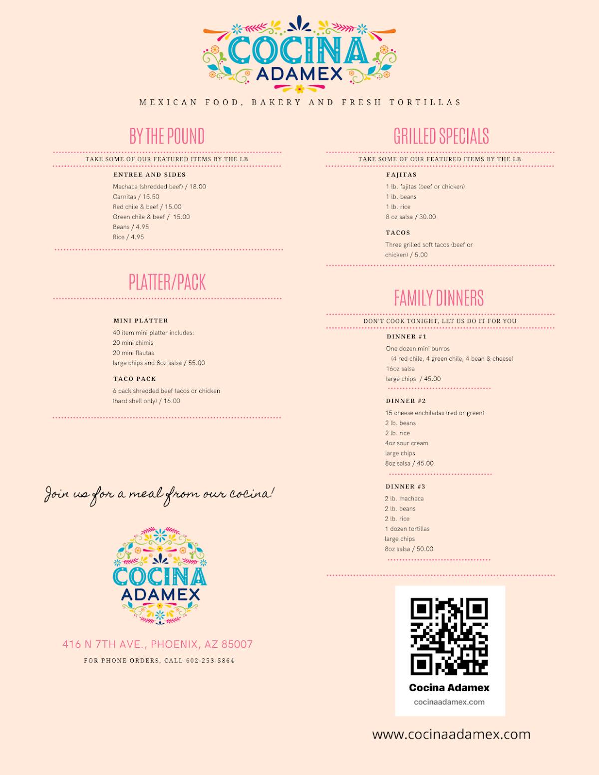 Menu at Cocina Adamex restaurant, Phoenix, 416 N 7th Ave