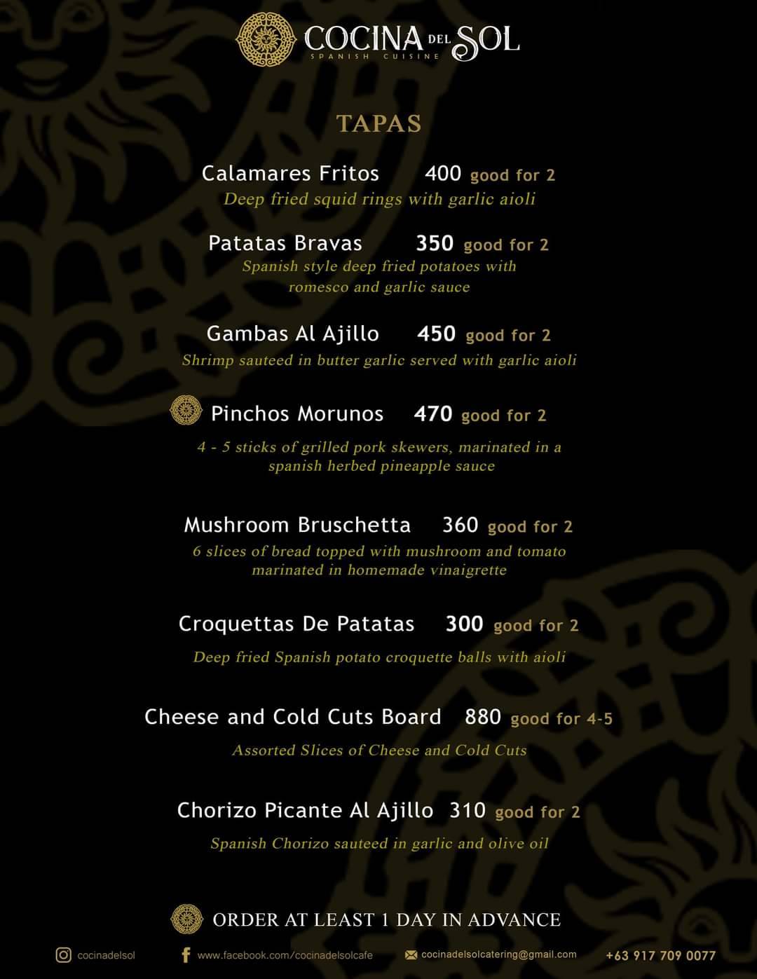 Menu at Cocina del Sol restaurant, Baguio