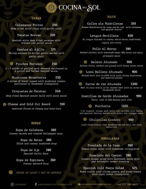 Menu at Cocina del Sol restaurant, Baguio