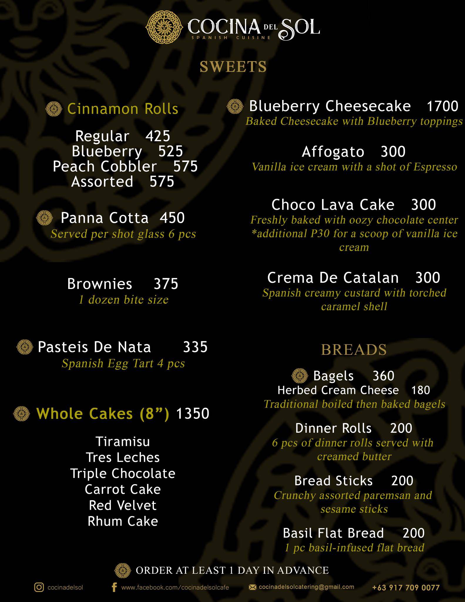 Menu at Cocina del Sol restaurant, Baguio