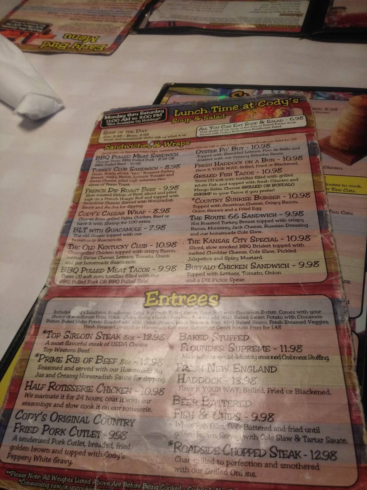 Menu at Cody's Original Roadhouse - Ocala, FL restaurant, Ocala, SW ...