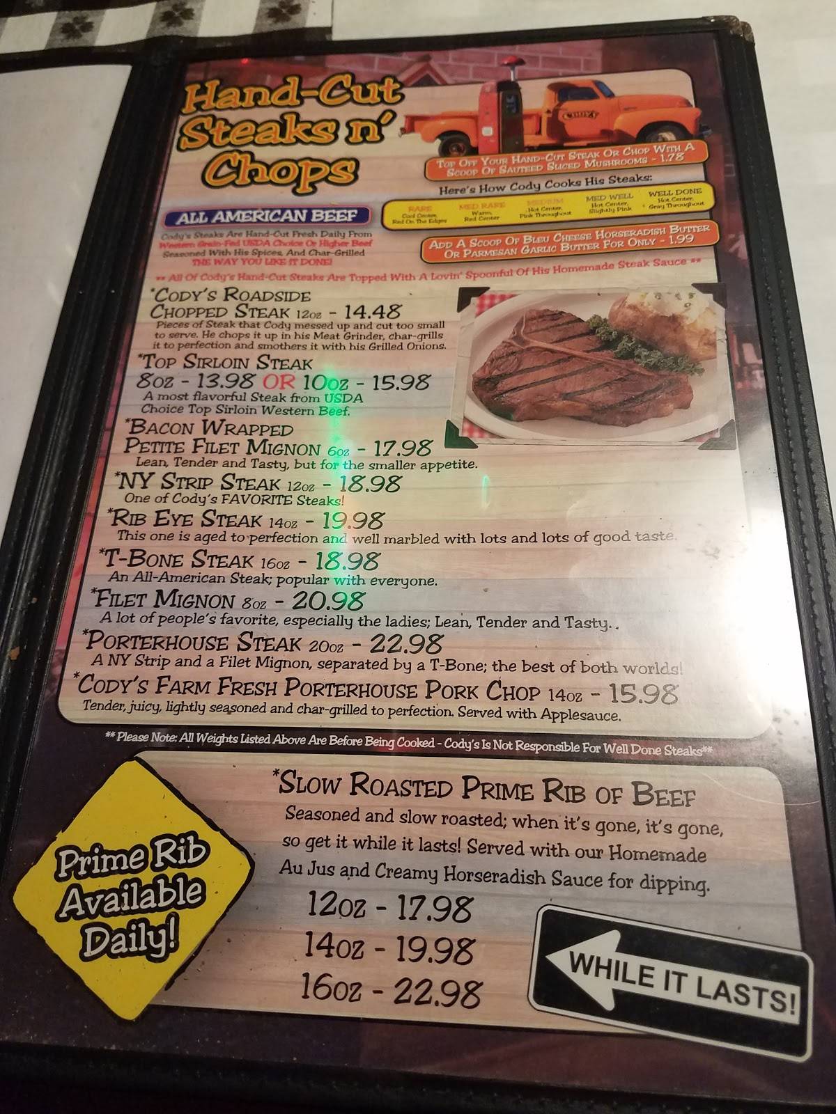 Menu at Cody's Original Roadhouse - Ocala, FL restaurant, Ocala, SW ...