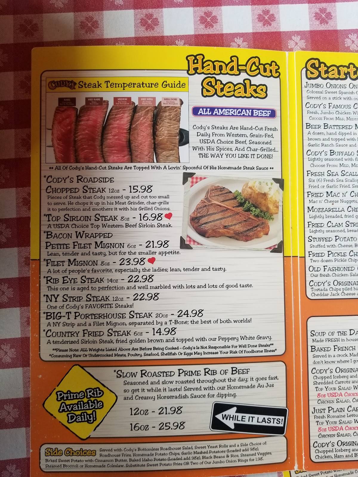 Menu at Cody's Original Roadhouse - Ocala, FL restaurant, Ocala, SW ...