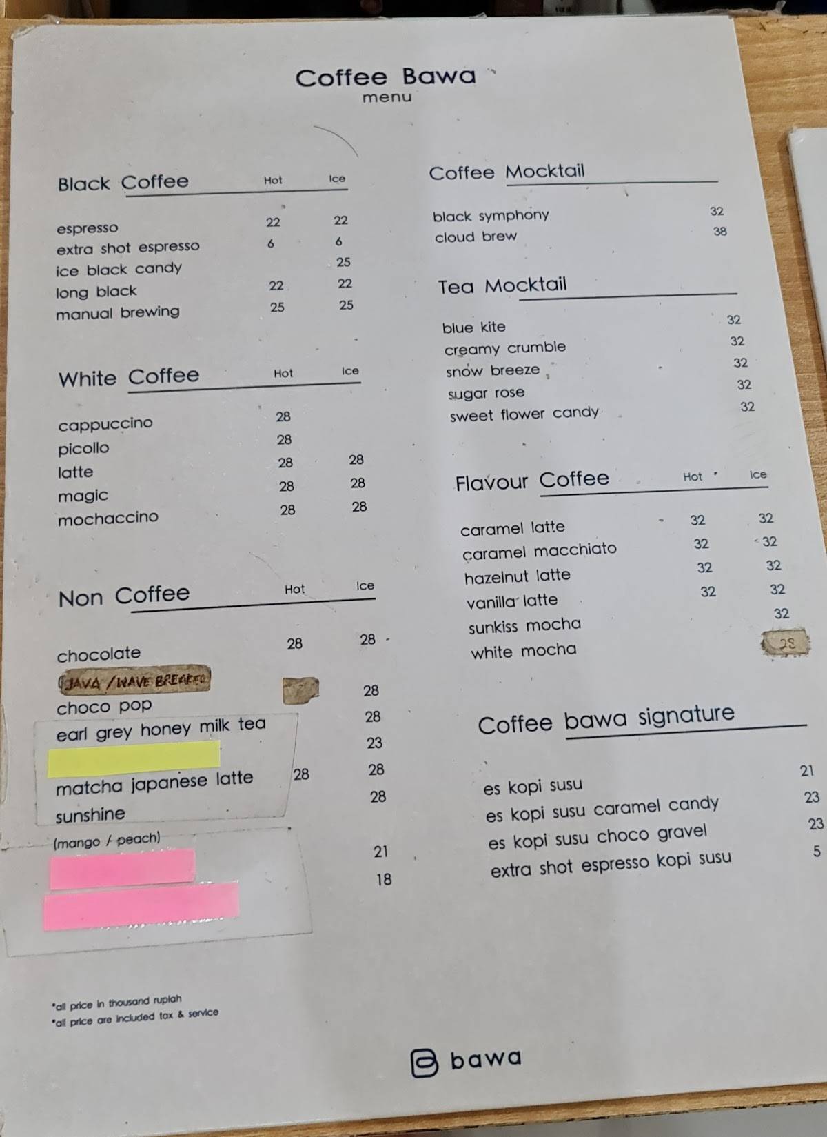 Menu at Coffee Bawa Dipati Ukur, Bandung