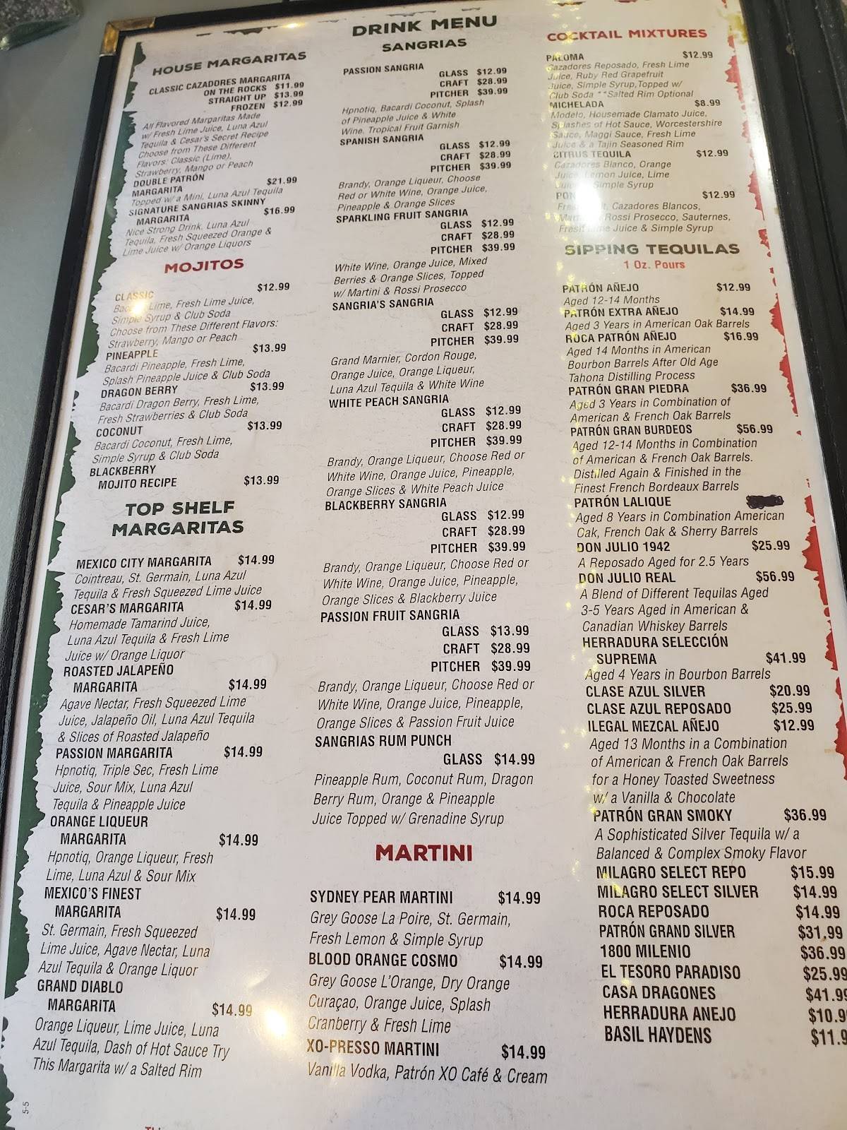 Menu at Sangria's Mexicana Restaurant & Tequila Bar, Congers