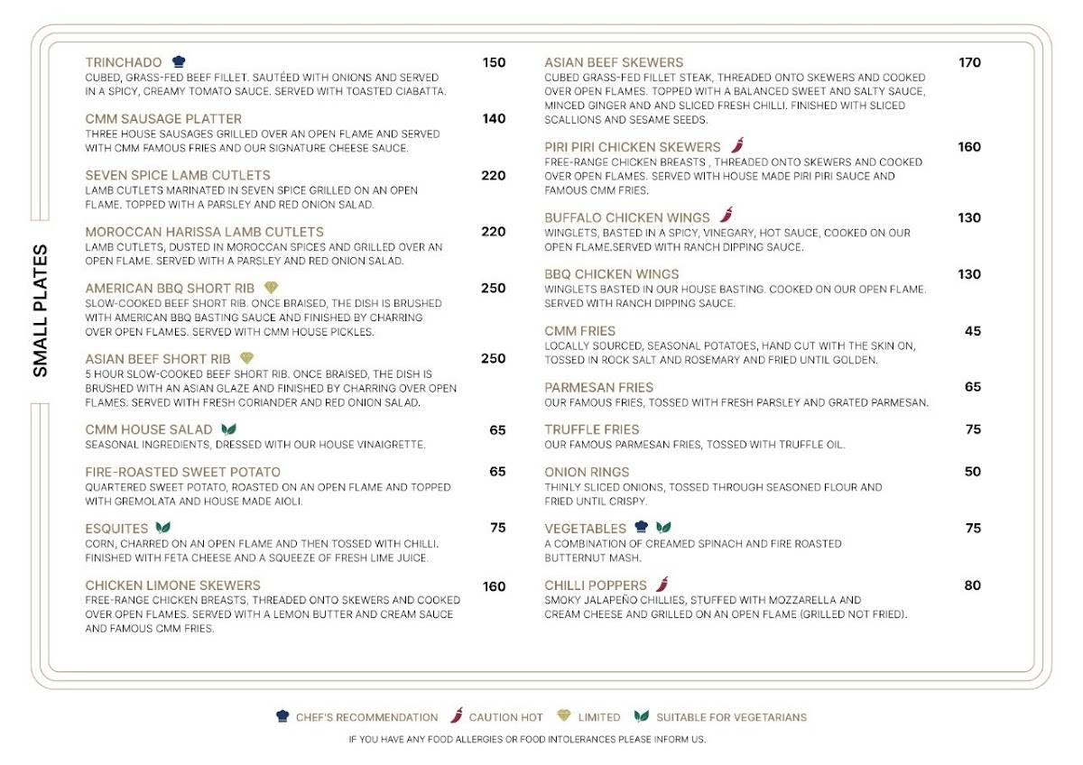 Menu at Conscious Carnivores restaurant, Cape Town