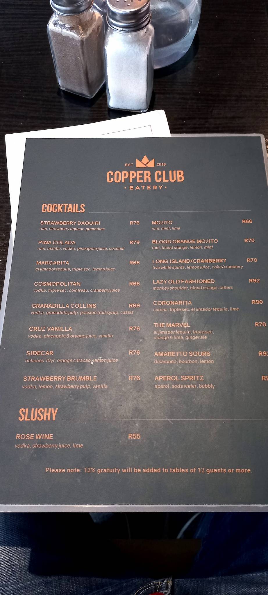Menu at Copper Club Tyger Waterfront, Cape Town, 18-19