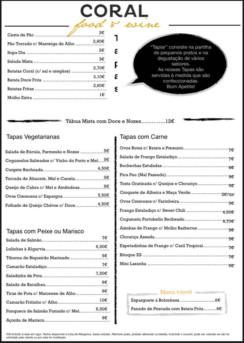 Menu em Coral Food & Wine tapas e vinoteca pub & Bar, Quarteira
