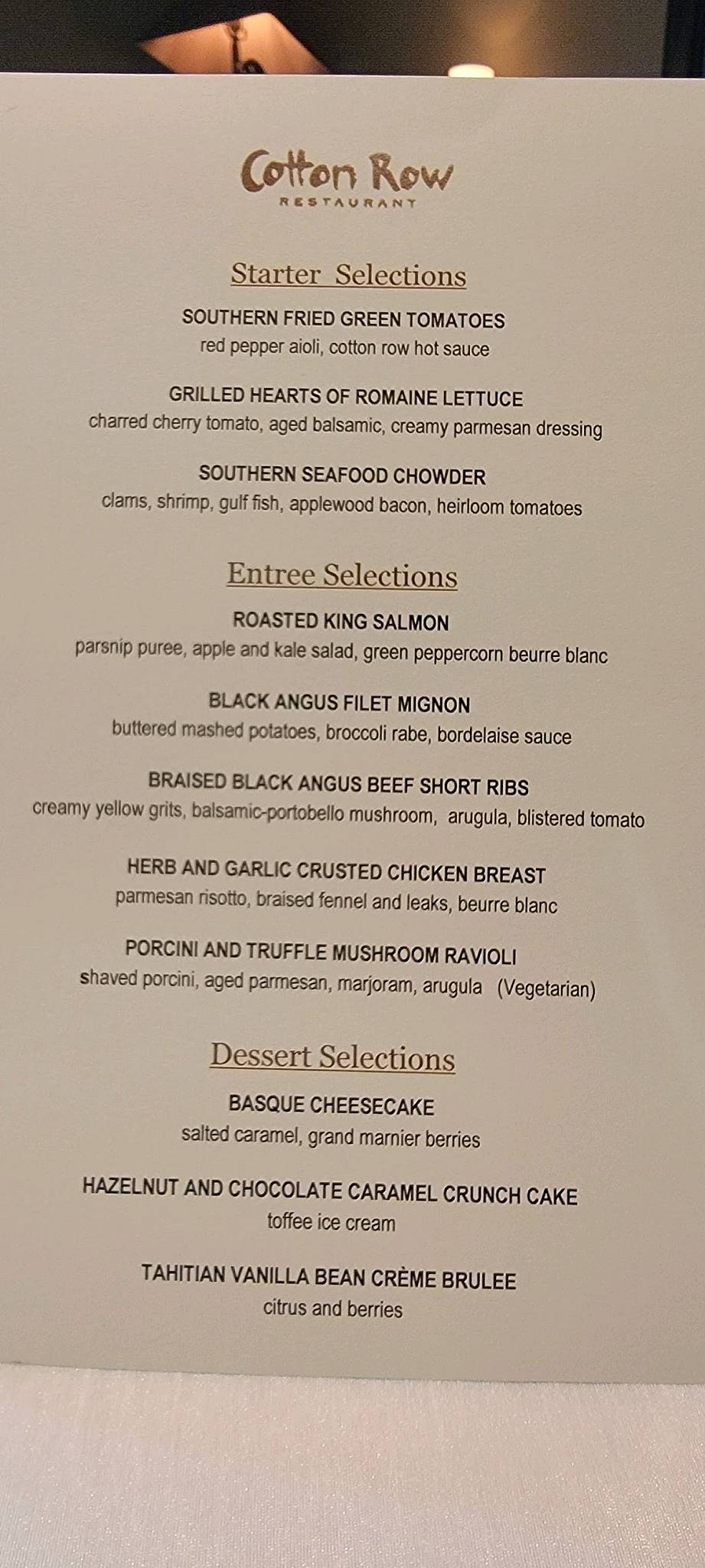Menu at Cotton Row restaurant, Huntsville