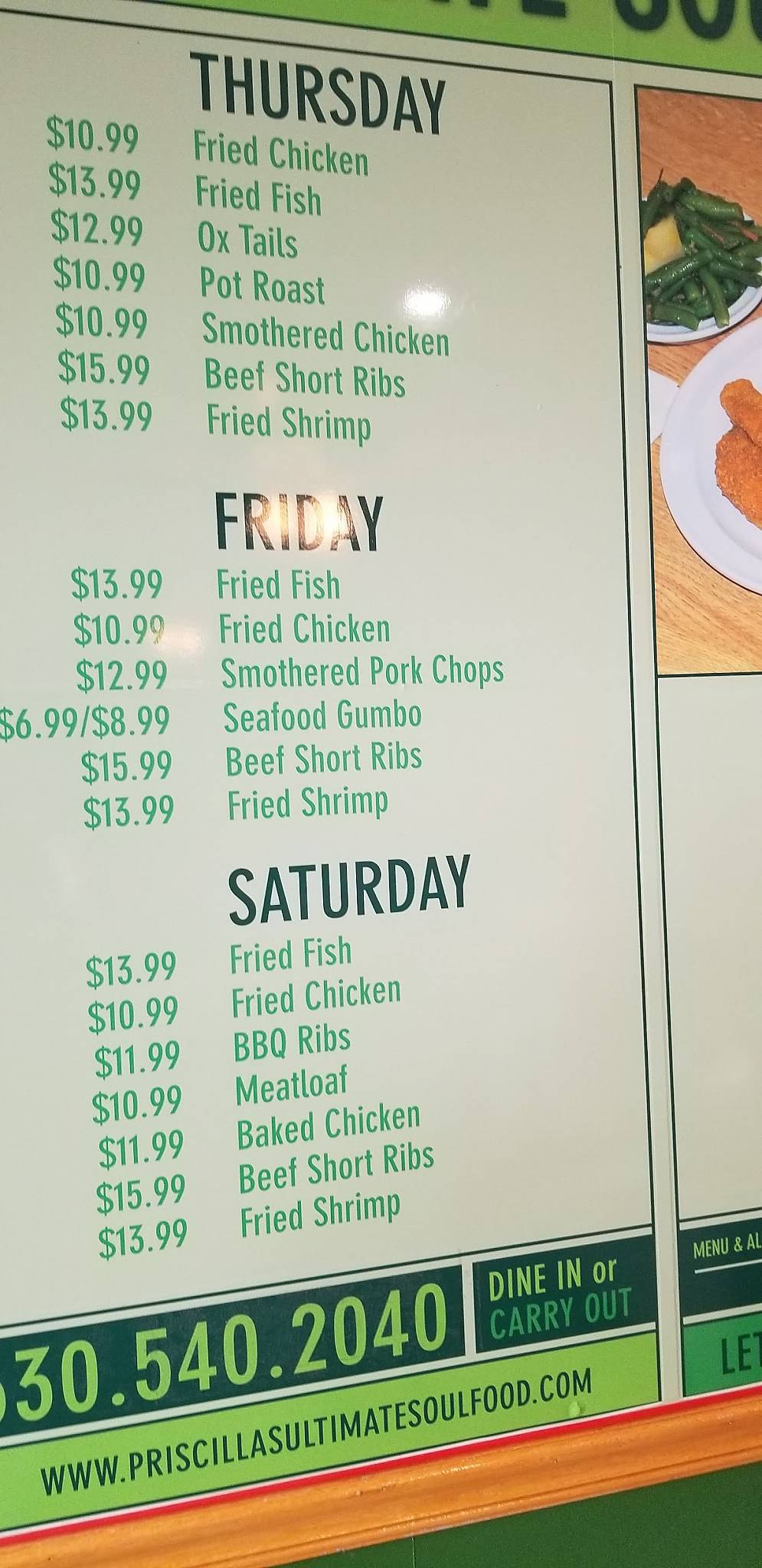 Menu at Priscilla's Ultimate Soulfood Cafeteria, Hazel Crest