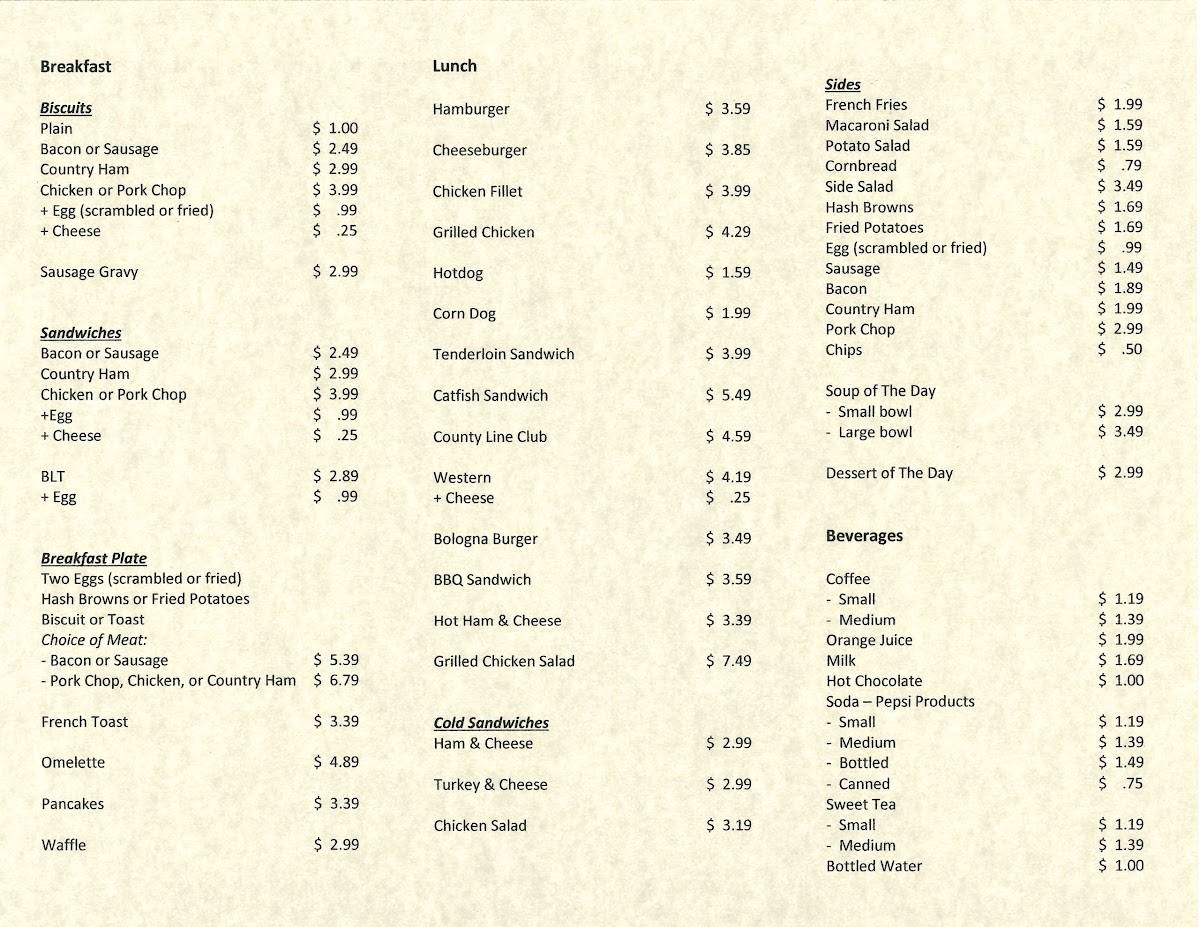 Menu at County Line Mini Mall & Cafe, Forest