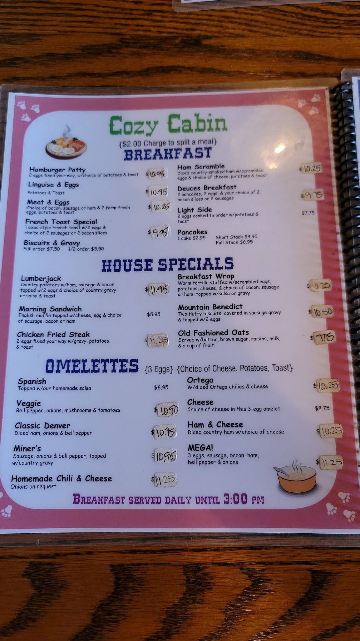 Menu at Cozy Cabin Cafe, West Point, State Rte 26
