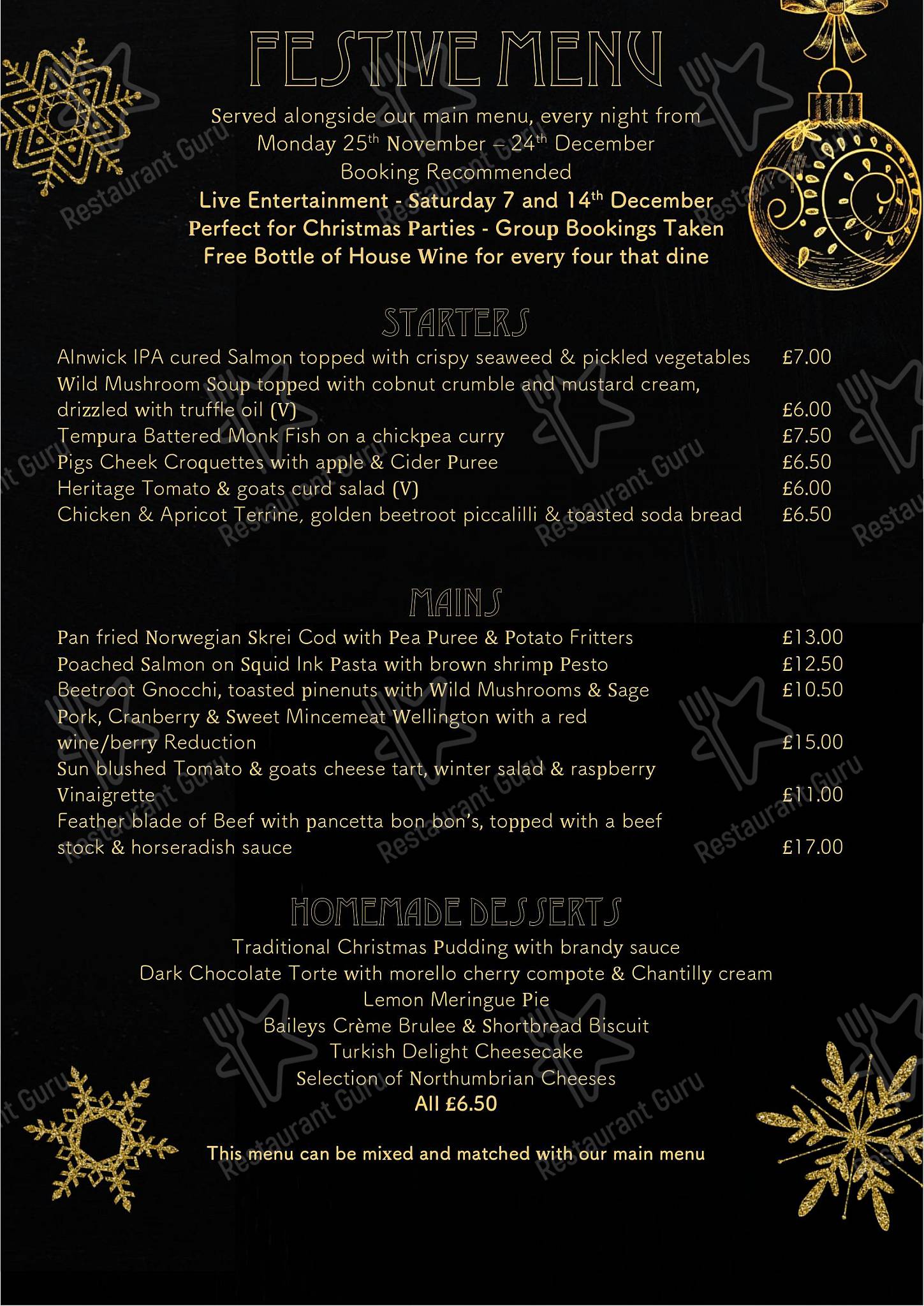 Menu at The Craster Arms restaurant, Beadnell