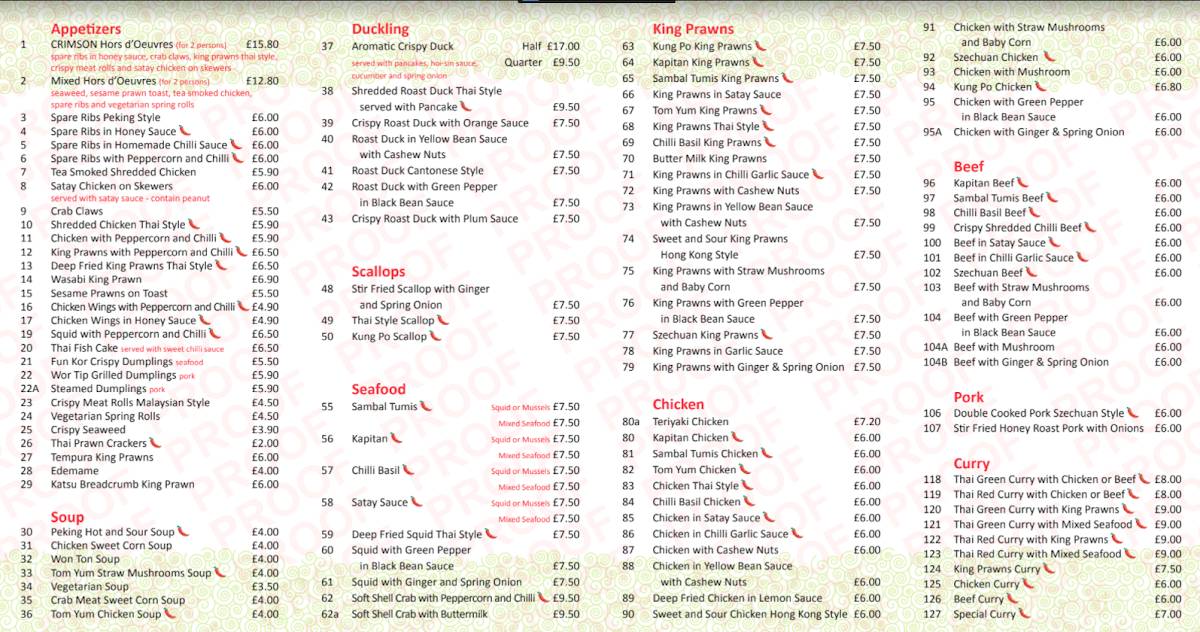 Menu at Crimson 8 restaurant, Stansted Mountfitchet