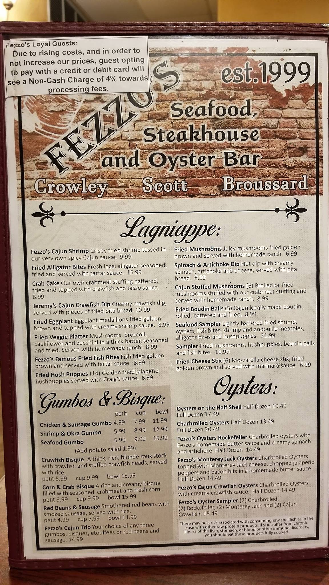 Menu at Fezzo's Seafood, Steakhouse and Oyster Bar of Crowley, Crowley