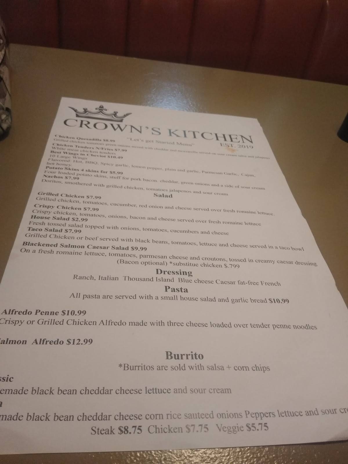 Menu at Crown’s kitchen restaurant, Cincinnati