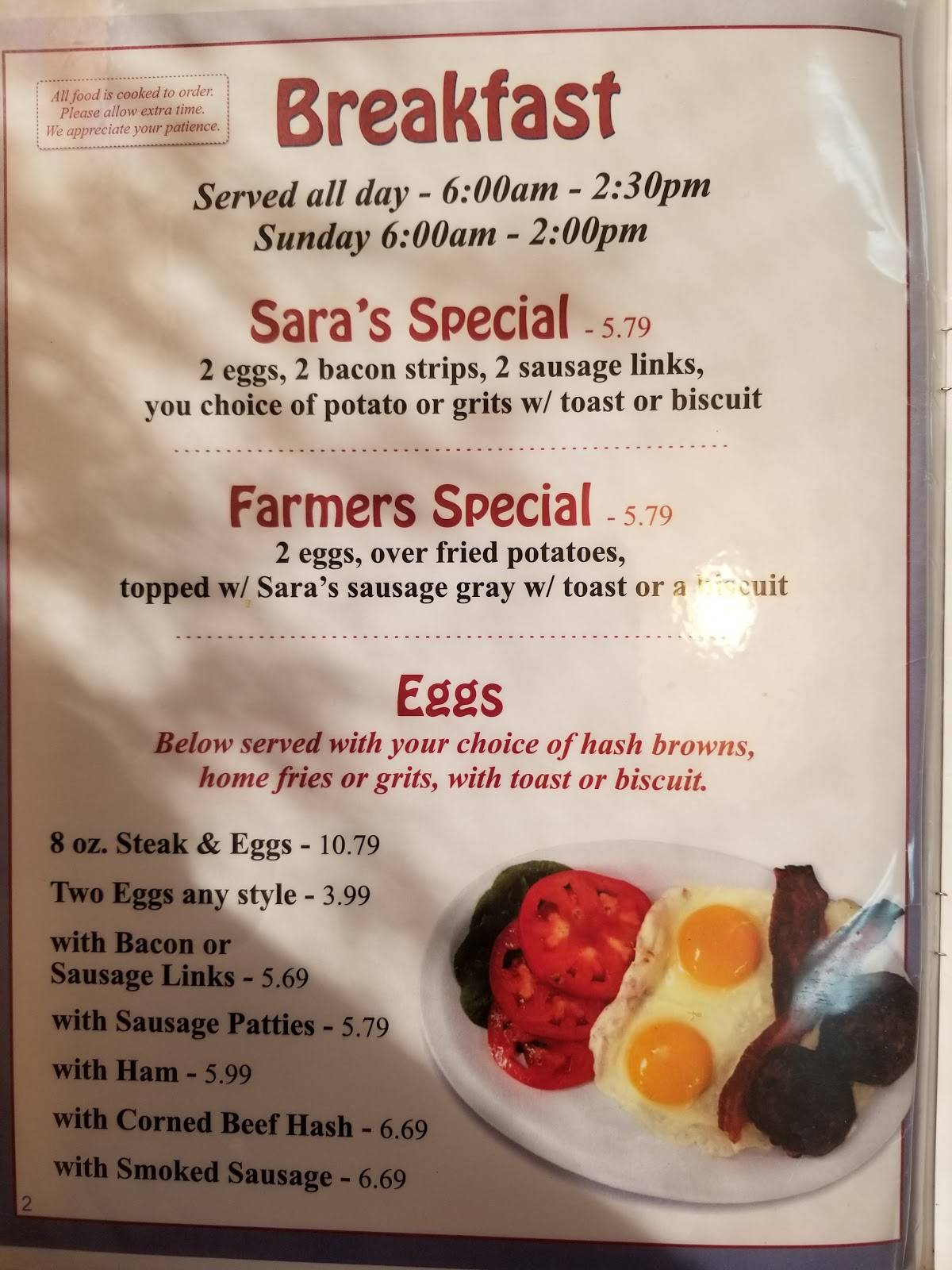 Menu at Sara's Diner restaurant, Crystal River