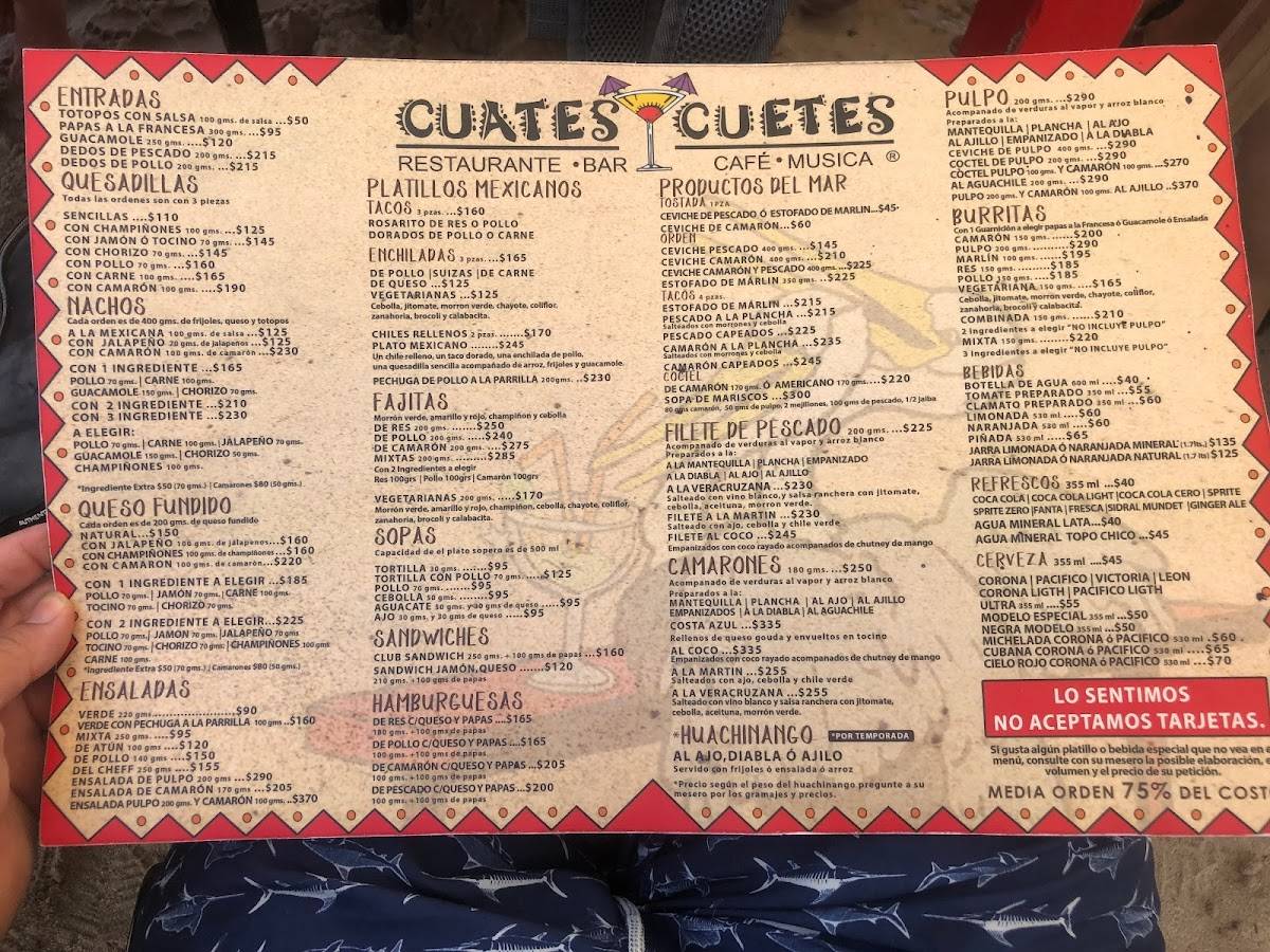 Menu at Cuates y Cuetes restaurant, Puerto Vallarta