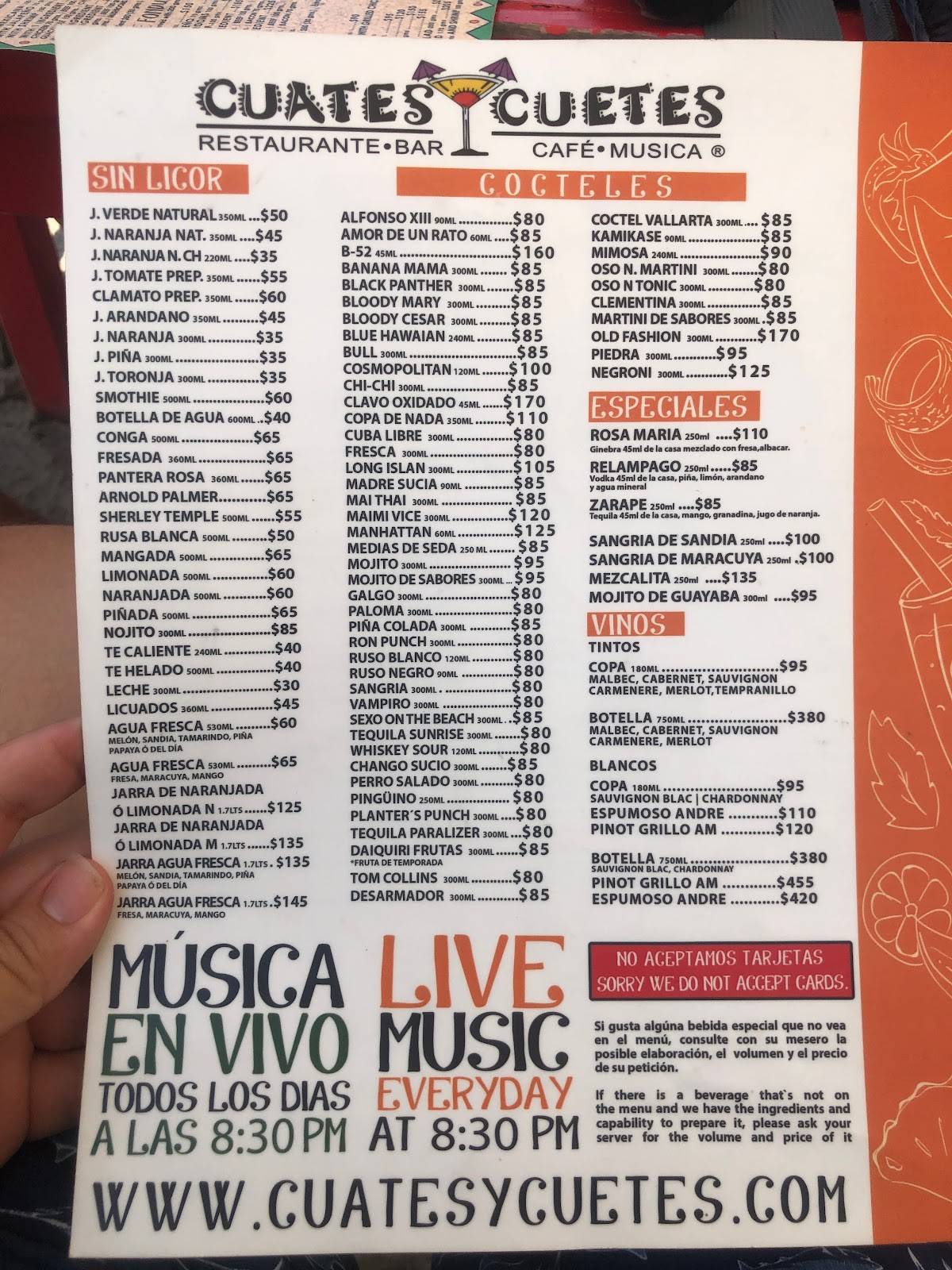 Menu at Cuates y Cuetes restaurant, Puerto Vallarta