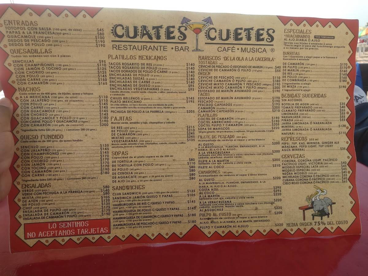Menu at Cuates y Cuetes restaurant, Puerto Vallarta