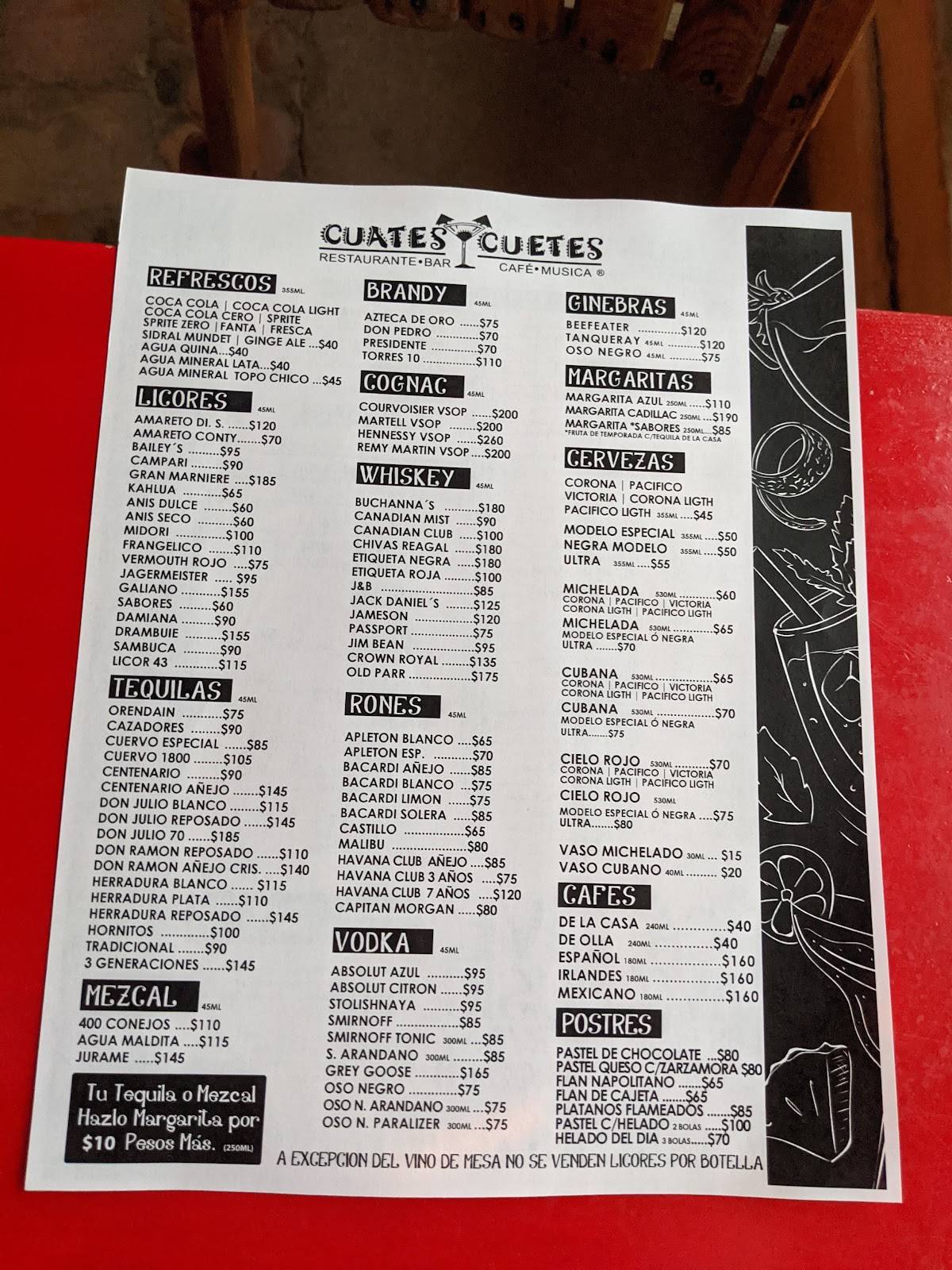Menu at Cuates y Cuetes restaurant, Puerto Vallarta
